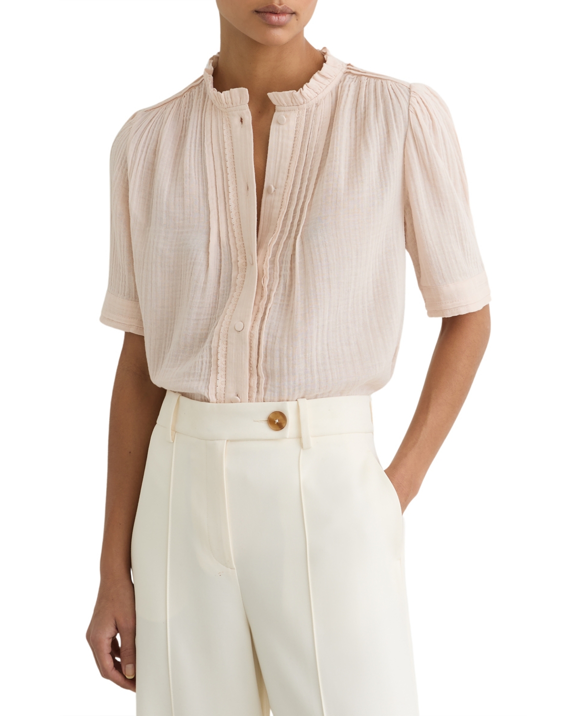 Click here for Reiss Womens Cotton Cheesecloth Frill-Neck Top - P... prices
