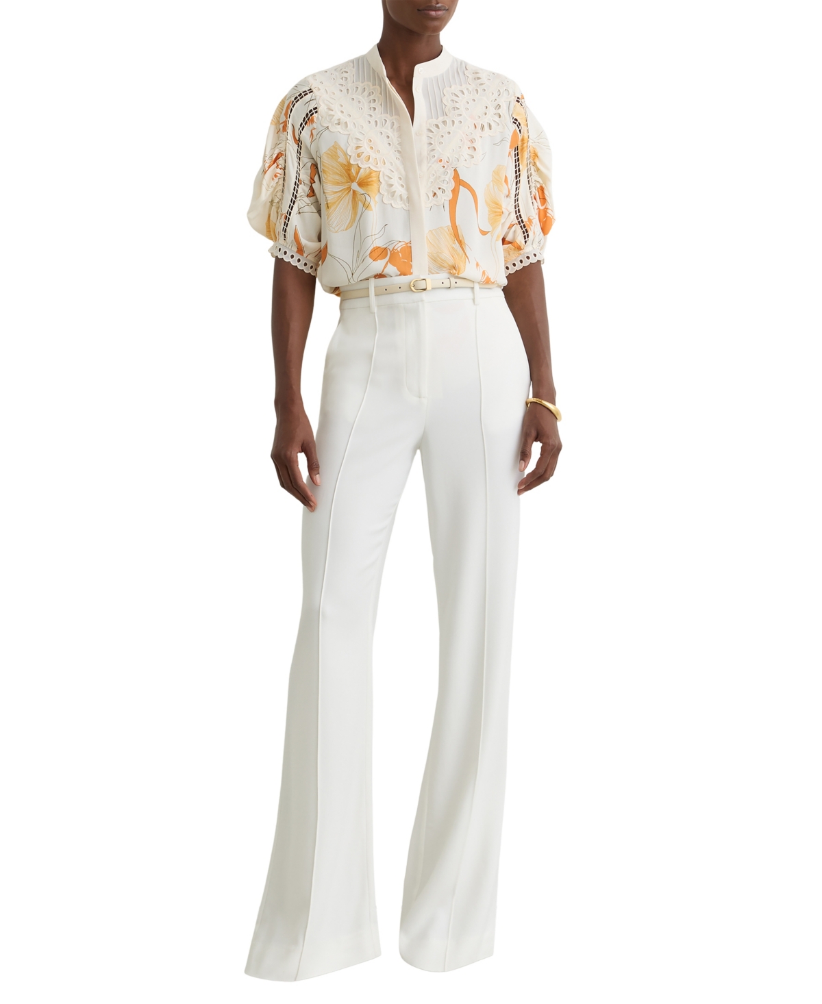 Click here for Reiss Womens Floral-Print Lace-Trim Shirt - Ivory/... prices