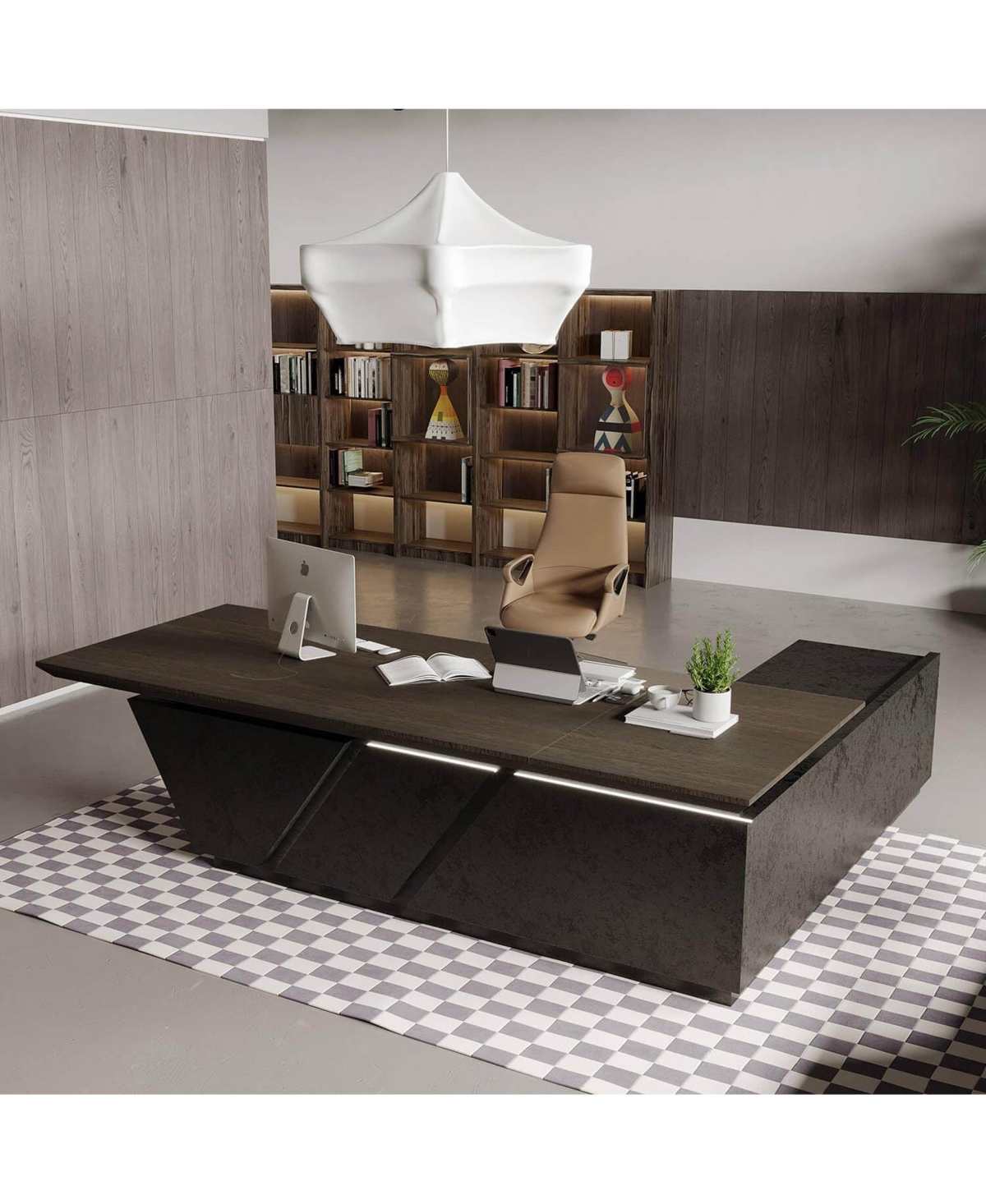 Logicfox Adjustable Executive Desk with Drawers File Cabinets Led Light - Brown