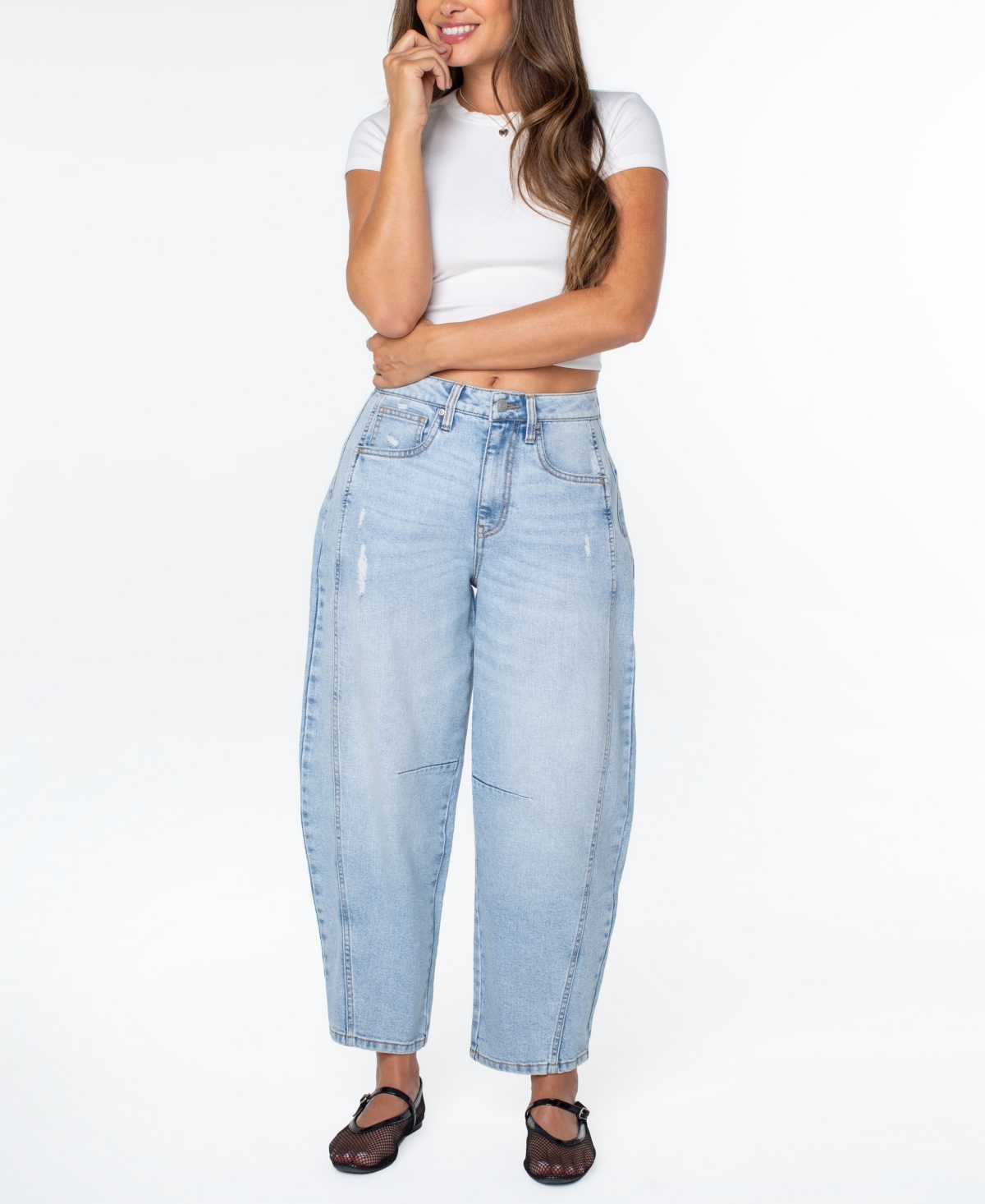 Click here for Celebrity Pink Juniors High-Rise Barrel-Leg Jeans... prices