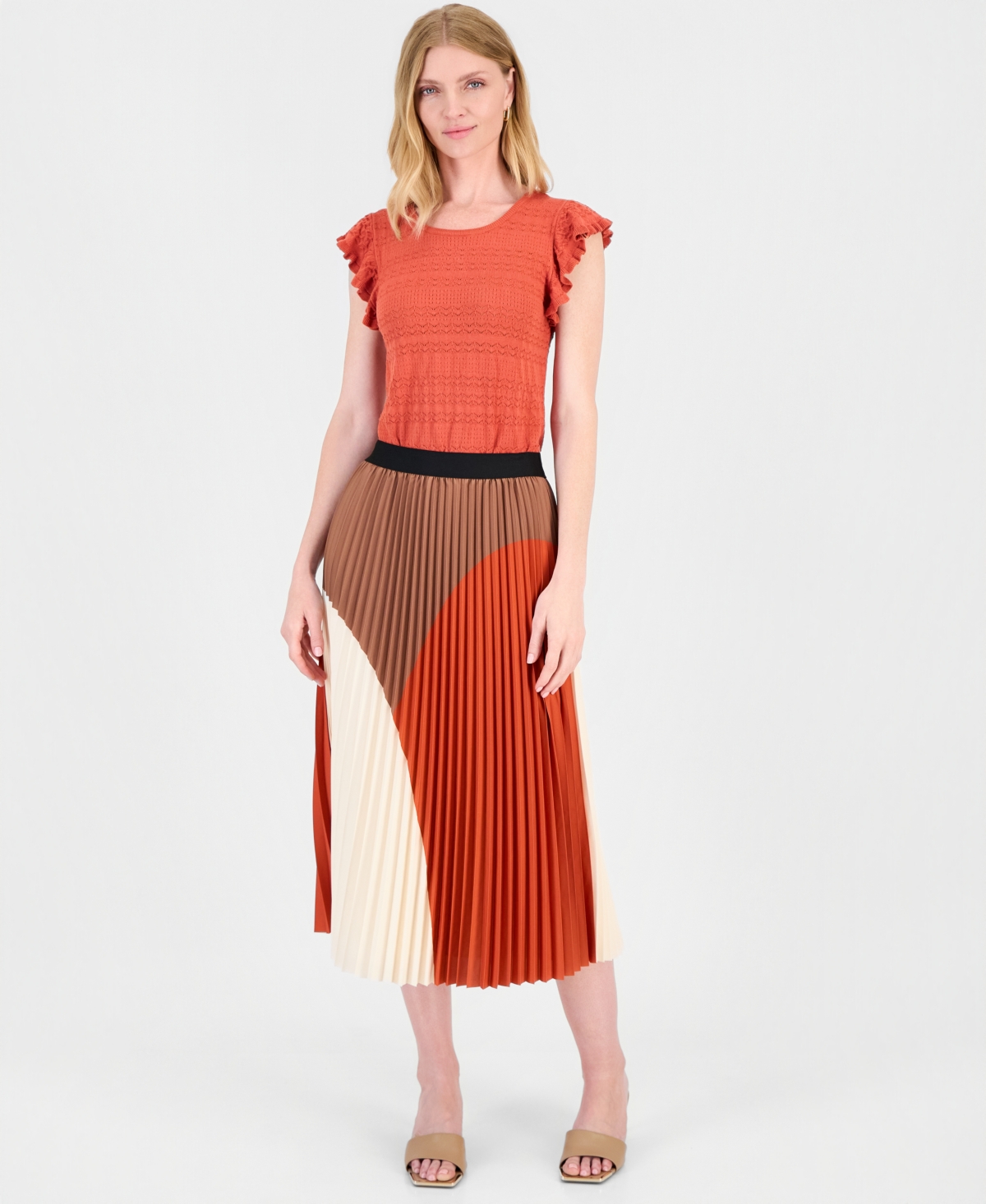Click here for T Tahari Womens Pleated Pull-On Midi Flare Skirt -... prices