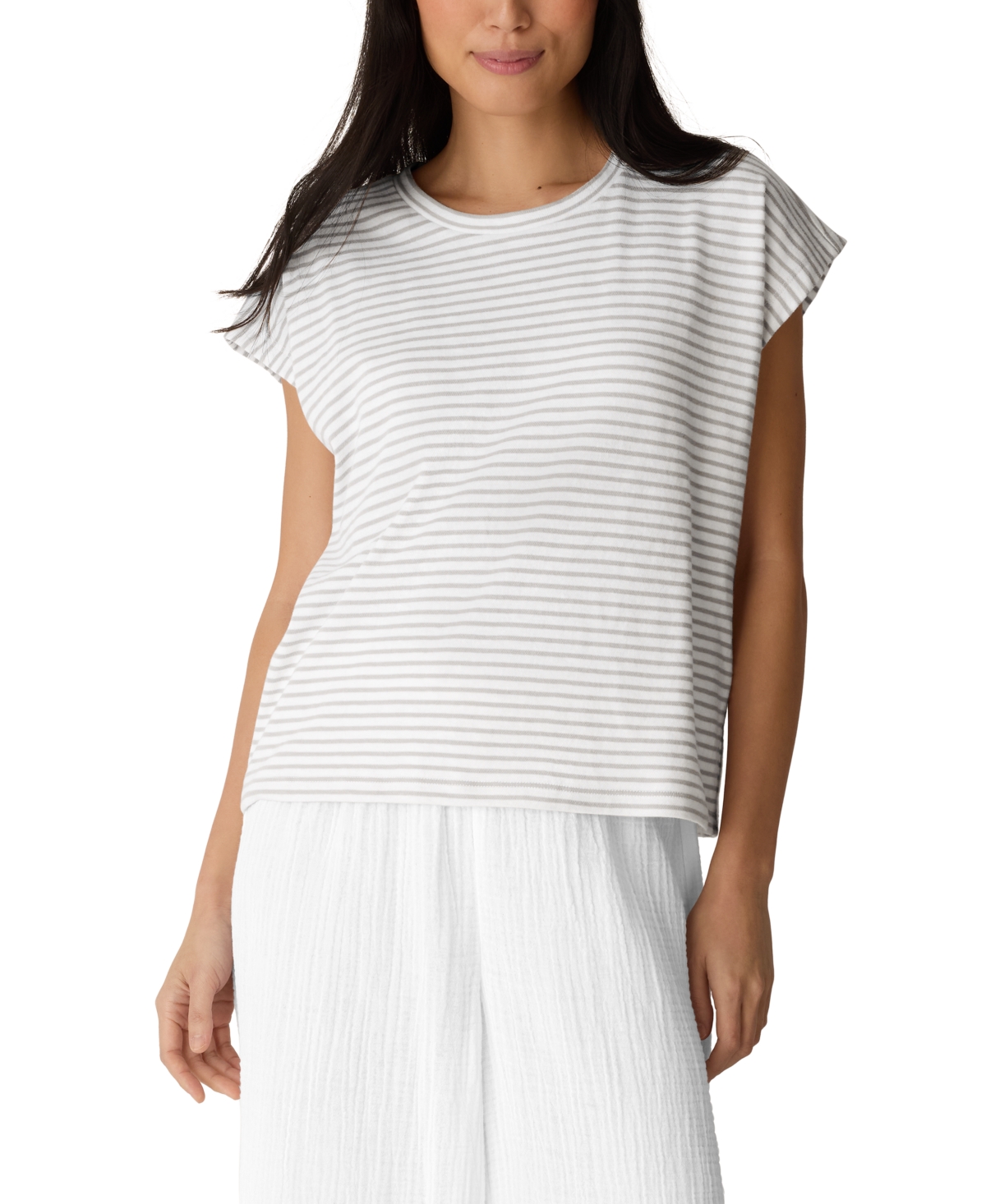 Click here for Eileen Fisher Womens Striped Crewneck Cotton T-Shi... prices