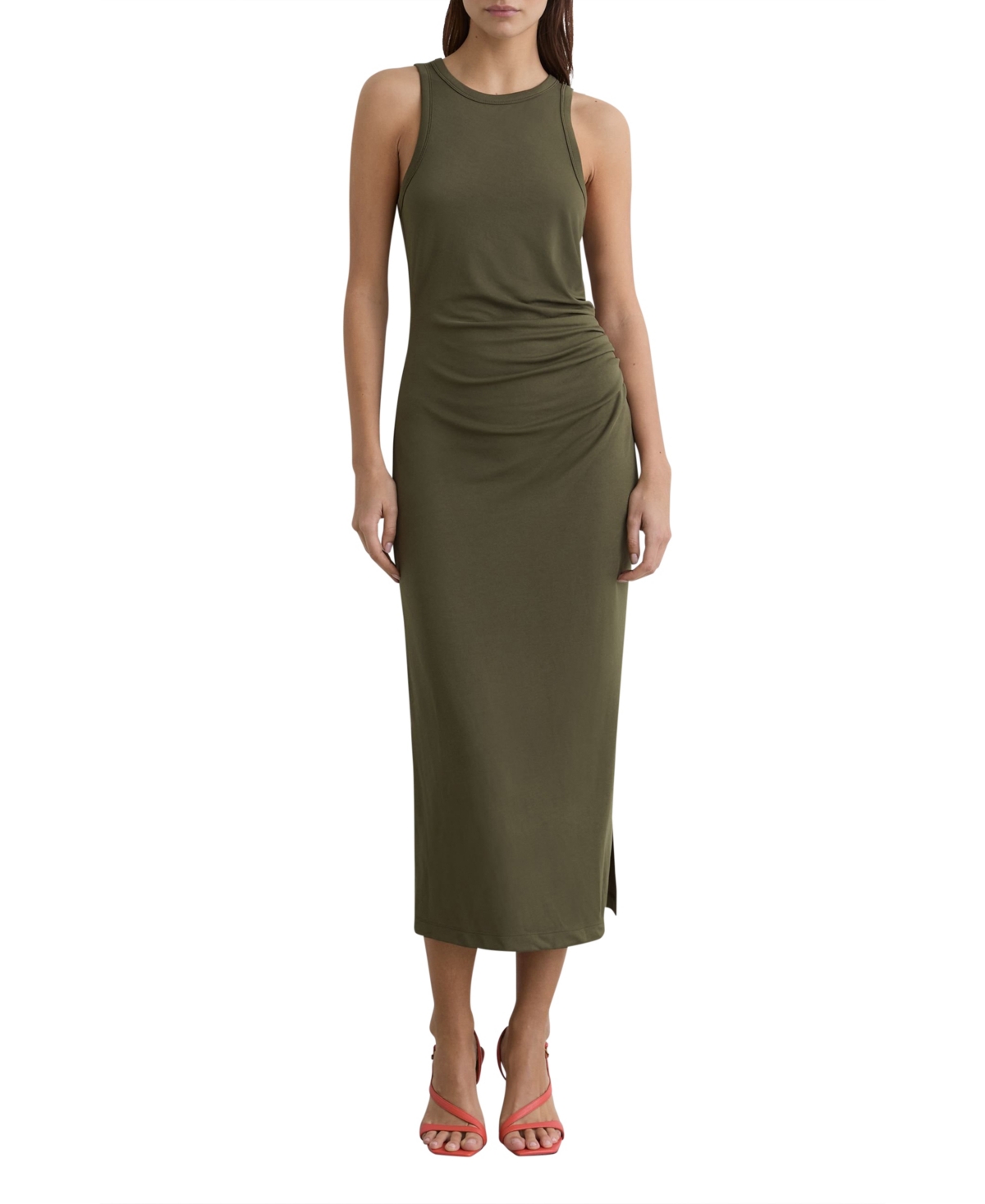 Click here for Reiss Womens Jersey Ruched Racer Midi Dress - Khak... prices