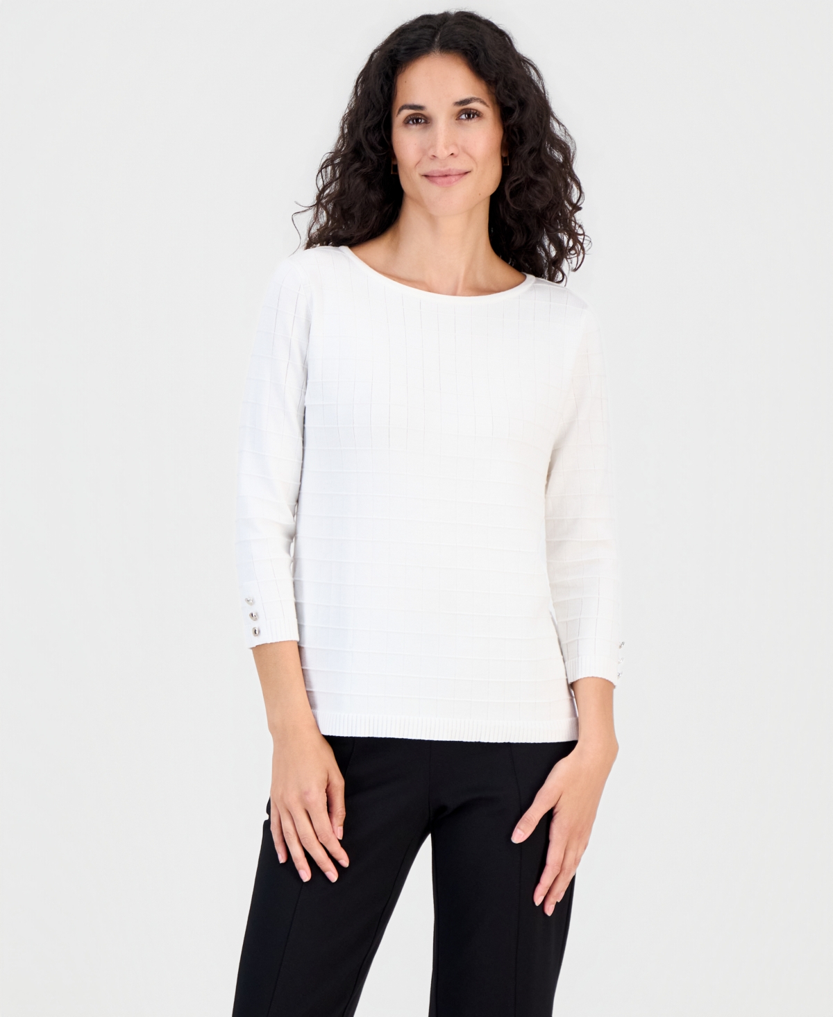 Click here for Kasper Womens Textured Boat-Neck 3/4-Sleeve Sweate... prices