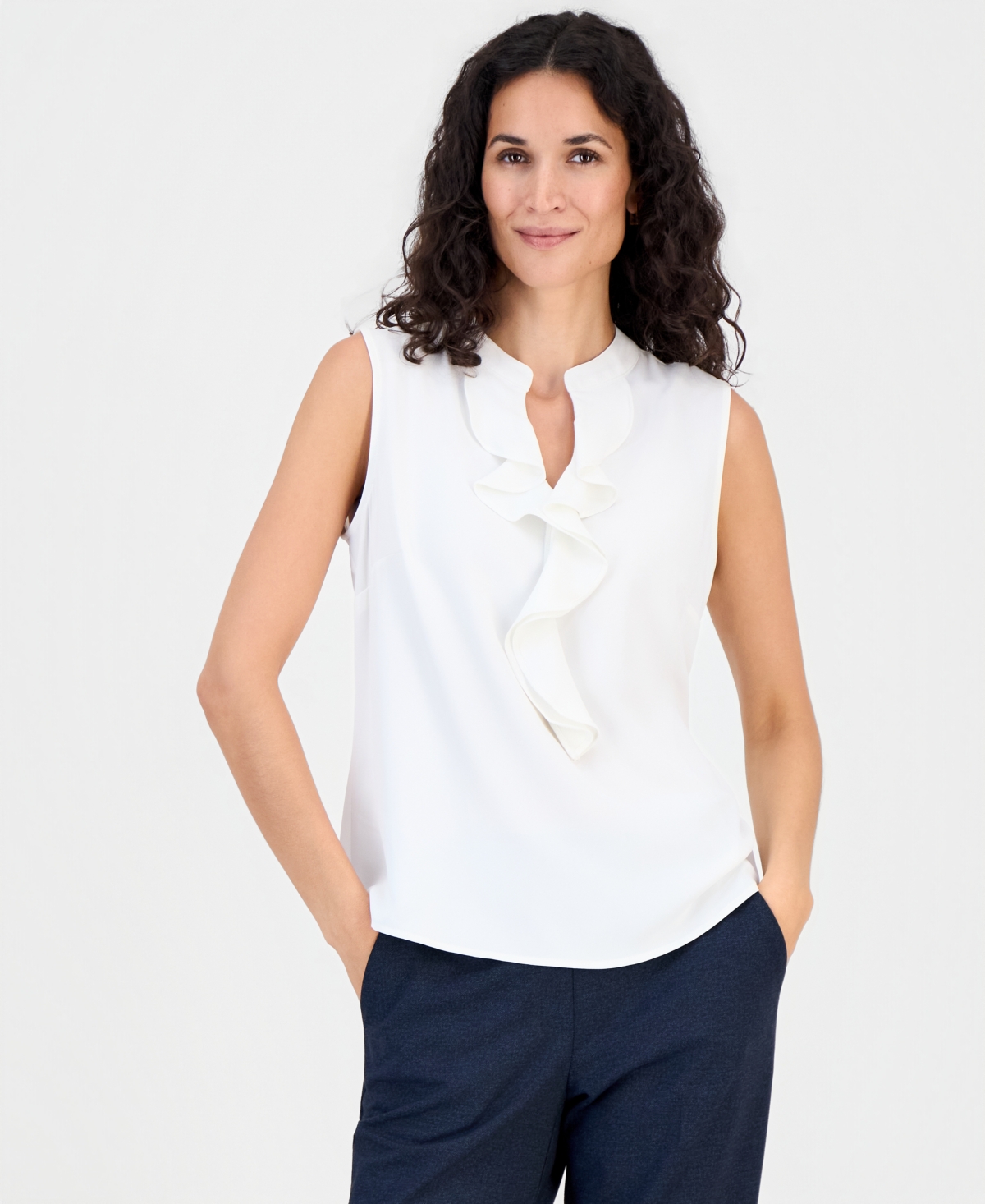 Click here for Kasper Womens Ruffled Split-Neck Sleeveless Blouse... prices