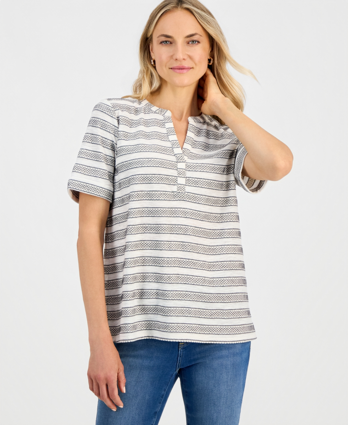 Click here for Style & Co Womens Striped Split-Neck Short-Sleeve... prices