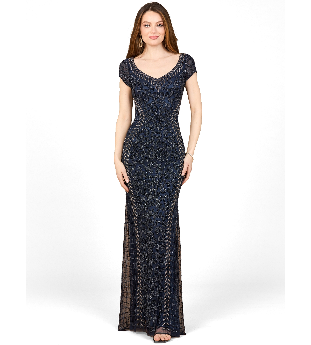 Click here for Lara Womens Beaded Mermaid Cap Sleeve Gown - Navy prices