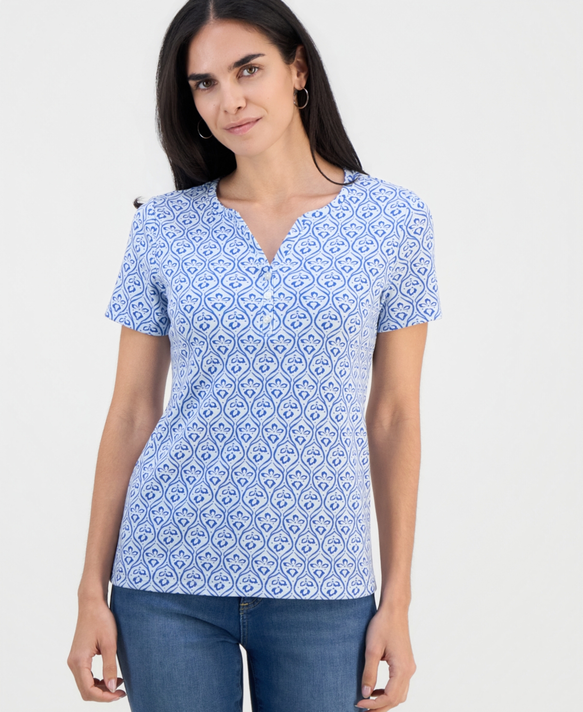 Click here for Style & Co Petite Bridge Geo Short-Sleeve Henley T... prices