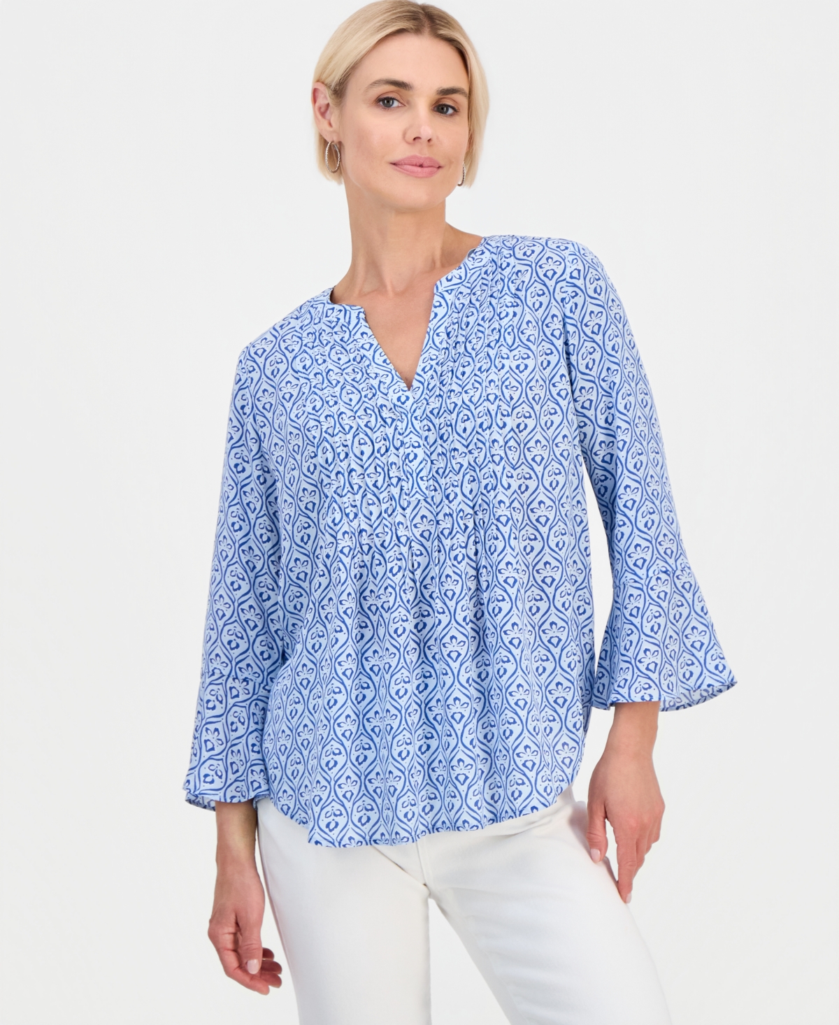 Click here for Style & Co Petite Printed Pintuck Bell-Sleeve Top... prices