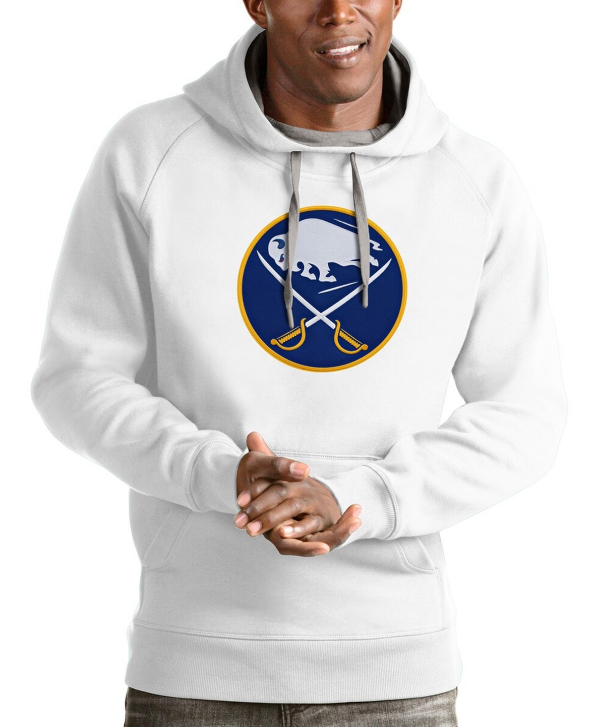 Click here for Antigua Mens White Buffalo Sabres Logo Victory Pul... prices