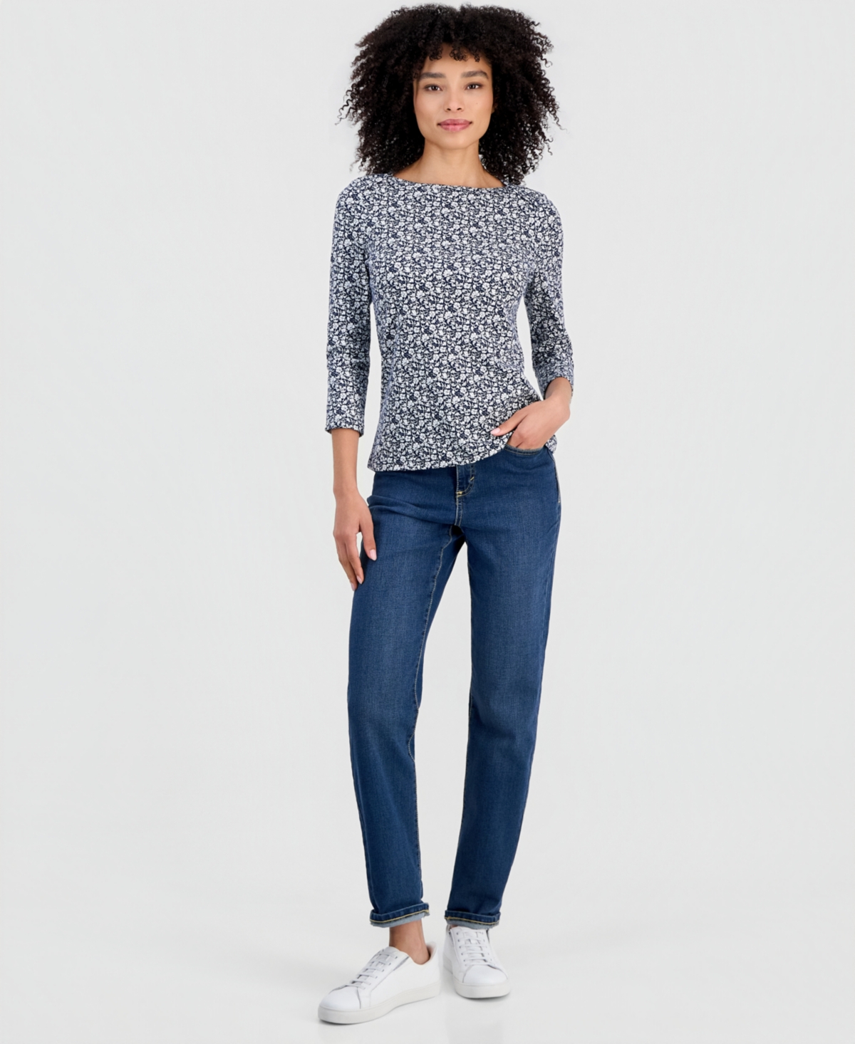 Click here for Style & Co Petite Cotton Boat-Neck 3/4-Sleeve Top... prices