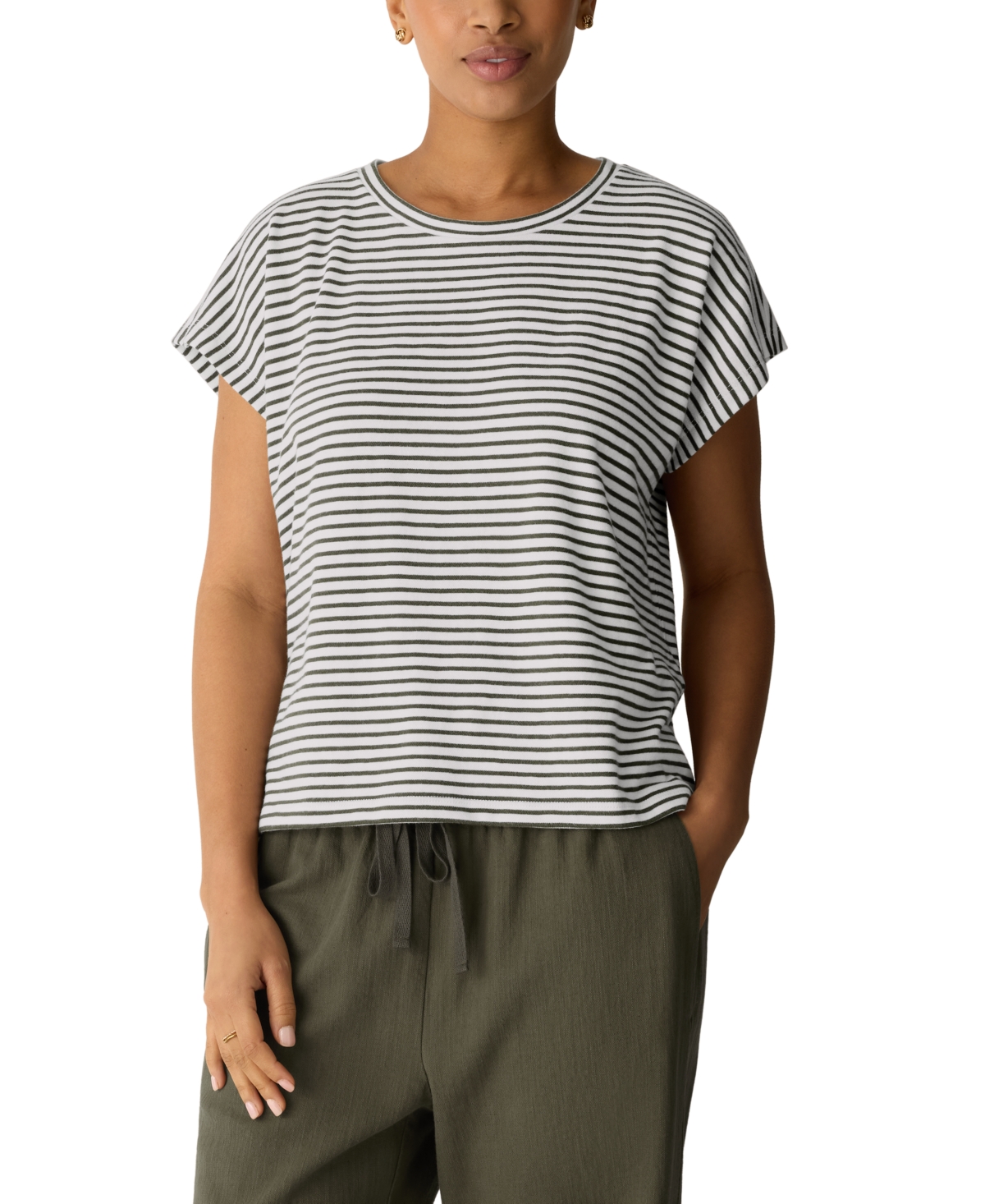 Click here for Eileen Fisher Womens Striped Crewneck Cotton T-Shi... prices