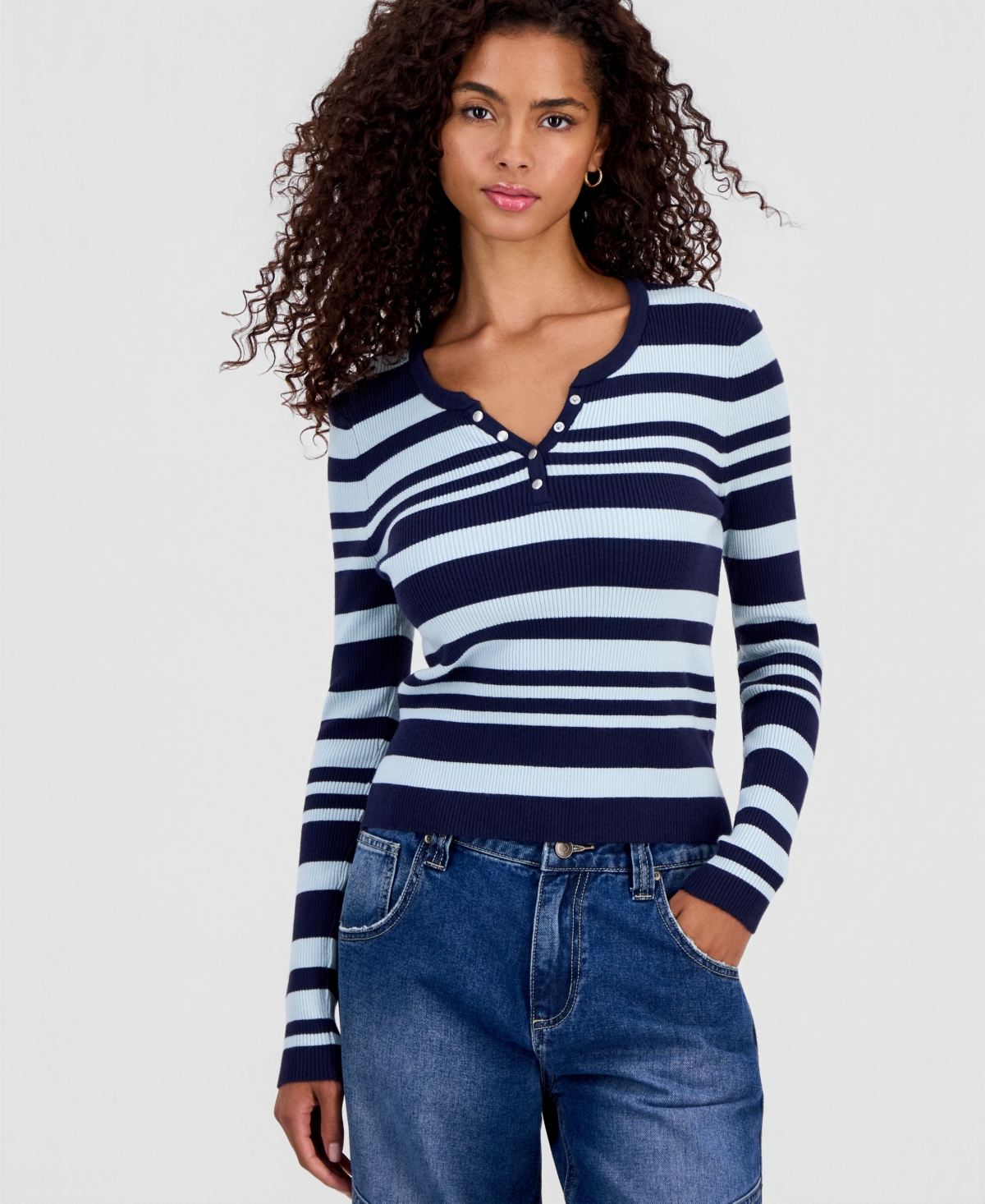 Click here for Hooked Up by Iot Juniors Striped Snap Henley Strip... prices