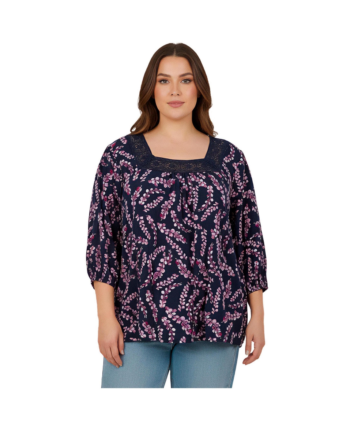 Click here for Avenue Womens Plus Size Lace Neckline Peasant Blou... prices