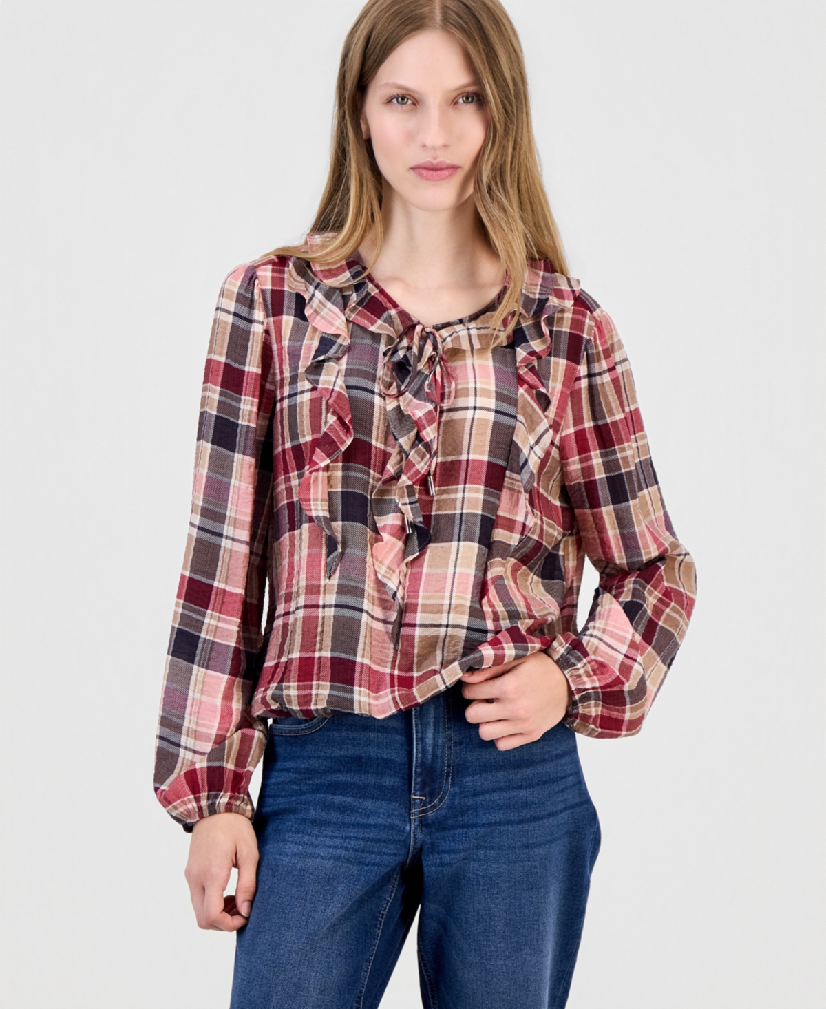 Click here for Nautica Womens Ruffled Long-Sleeve Plaid Blouse -... prices