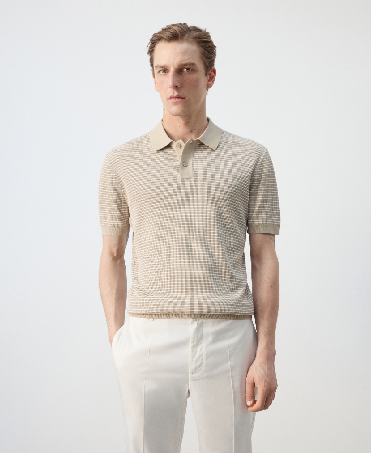 Click here for Mango Mens Striped Knit Cotton Polo Shirt - Beige prices