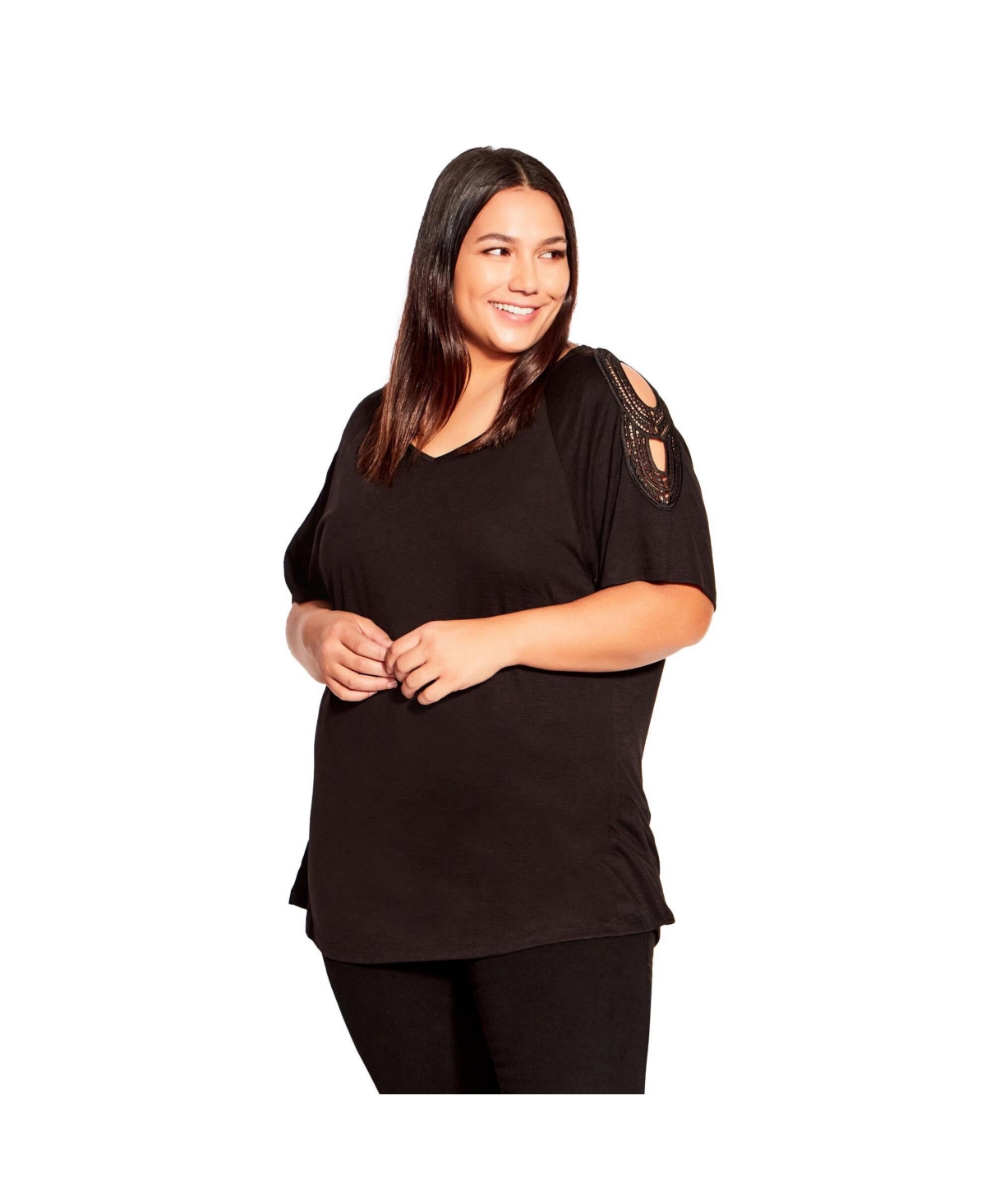 Click here for Avenue Plus Size Crochet Cut Out Womens Top - Blac... prices