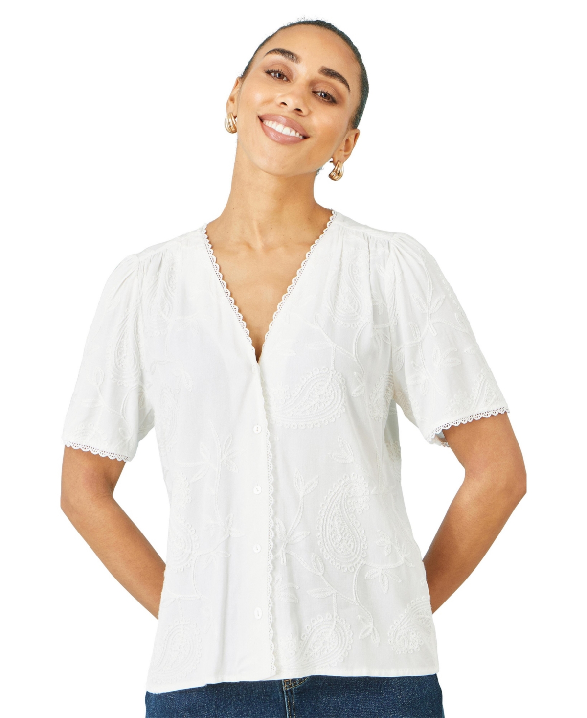 Click here for Yumi Womens Paisley Viscose Embroidered Shirt - Wh... prices