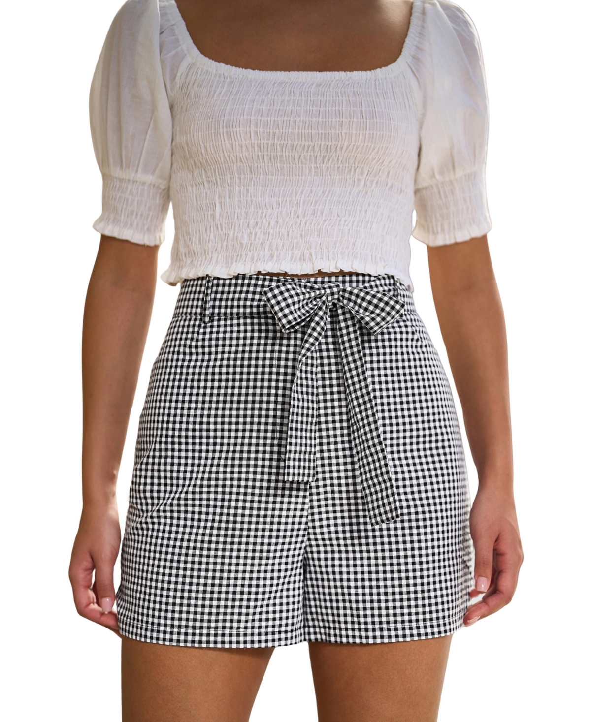 Click here for Yumi Womens Cotton Gingham Tie Belt Shorts - Black prices