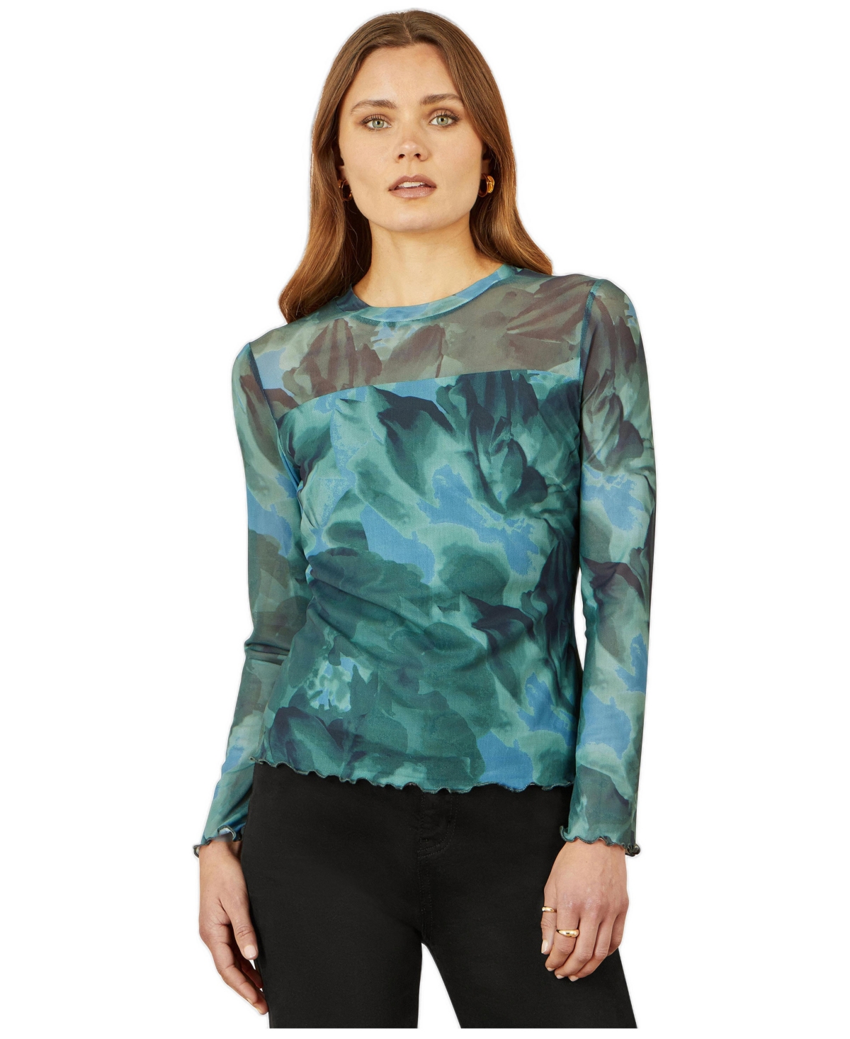 Click here for Yumi Womens Long Sleeve Floral Mesh Top - Green prices