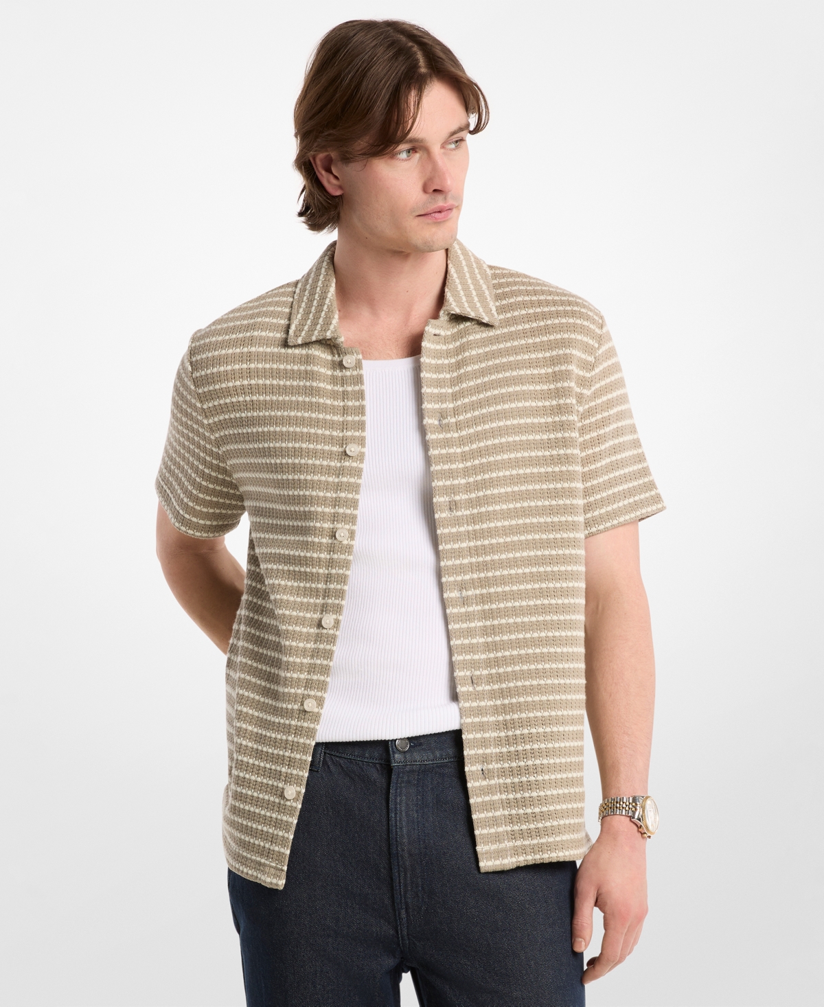 Click here for Michael Kors Mens Pointelle Stripe Short-Sleeve Sh... prices
