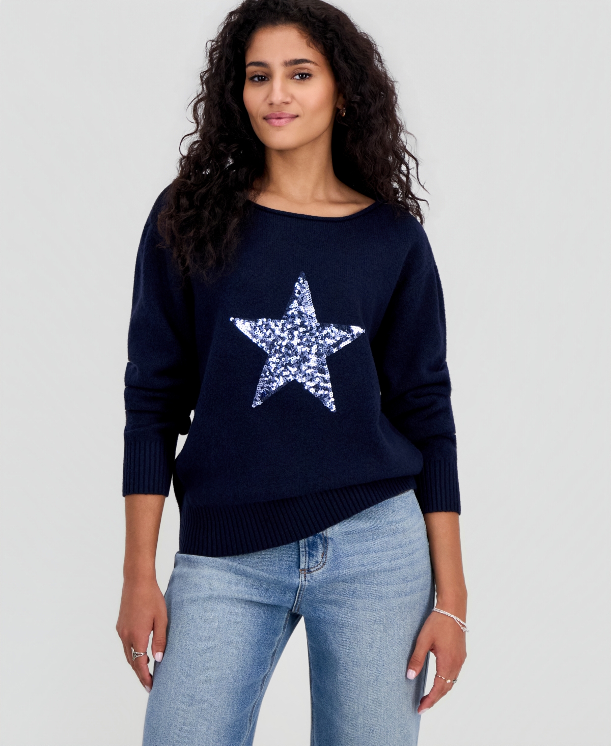 Click here for Just Polly Juniors Sequin Star Slouchy Sweater - N... prices