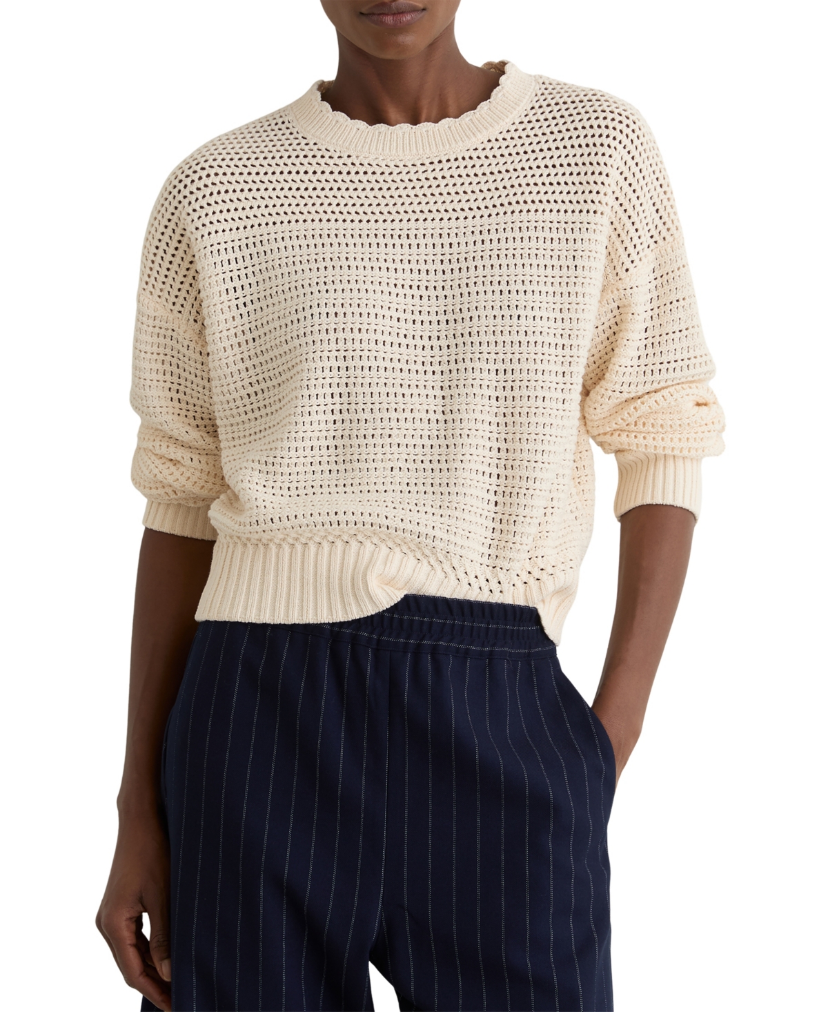 Click here for Reiss Womens Cotton Open-Stitch Crewneck Jumper -... prices