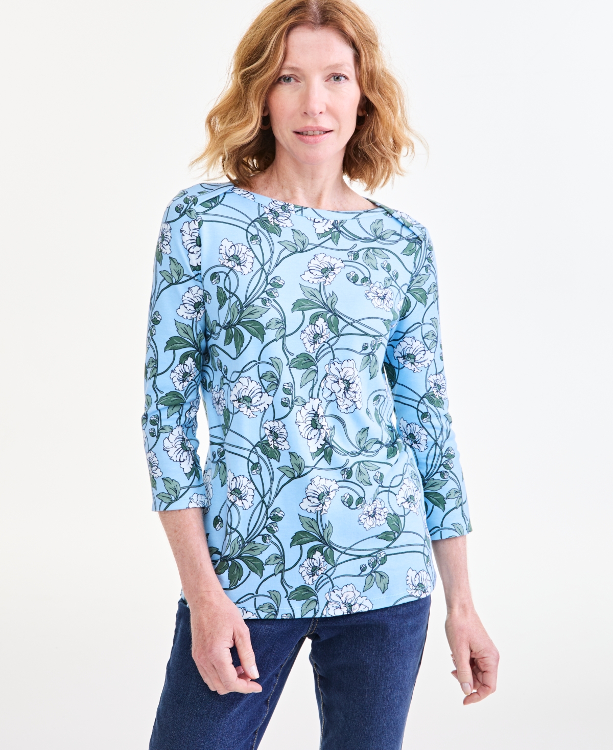 Click here for Style & Co Petite 3/4-Sleeve Boat Neck Floral Top... prices