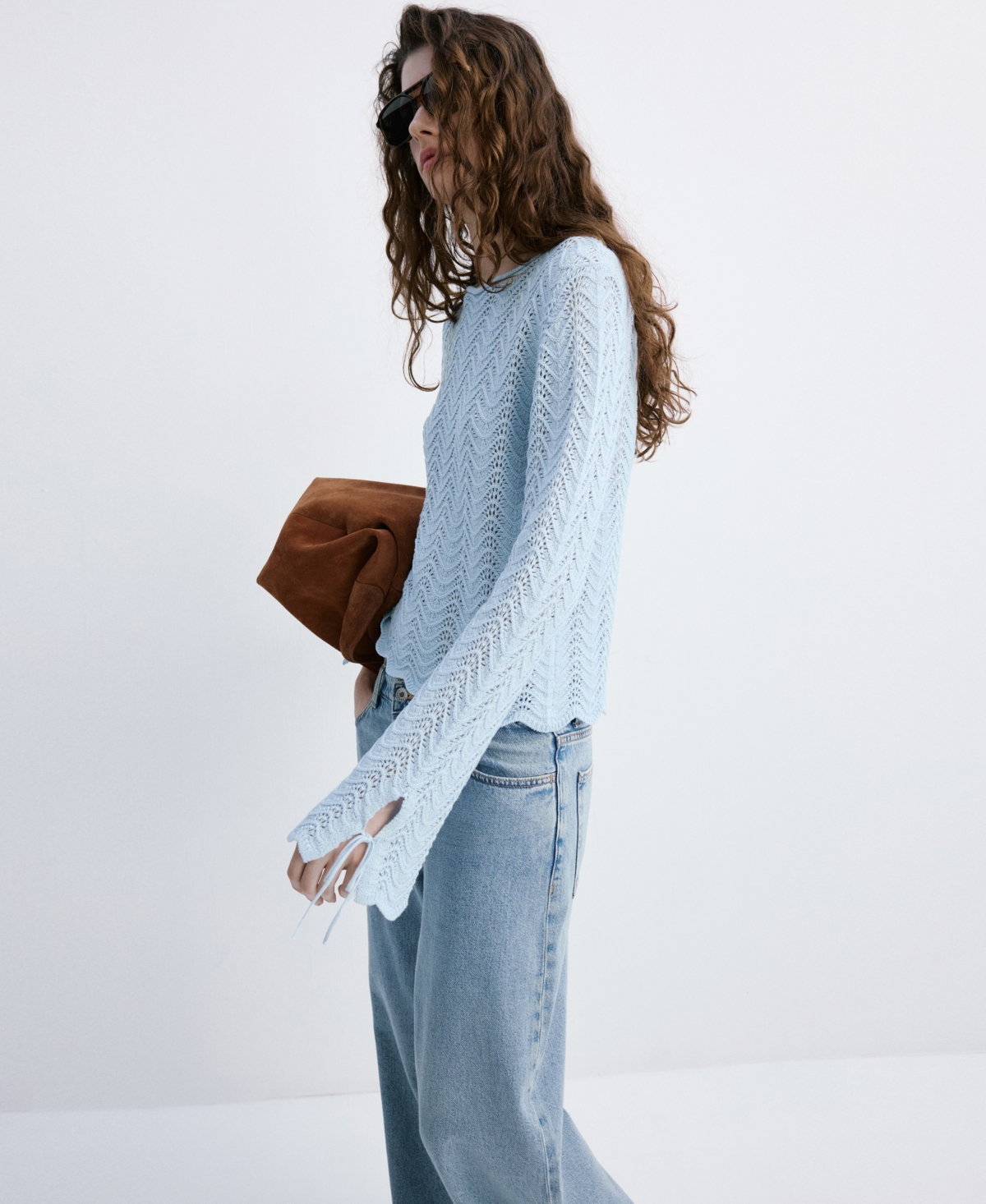 Click here for Mango Womens Slit Sleeves Open-Knit Sweater - Sky... prices