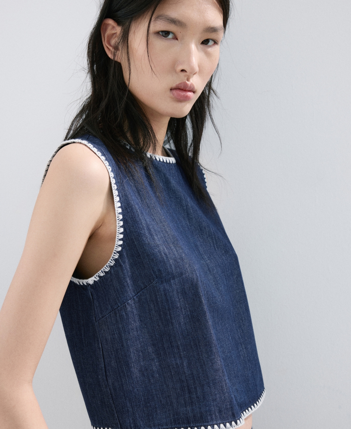 Click here for Mango Womens Contrast Trim Denim Top - Open Blue prices