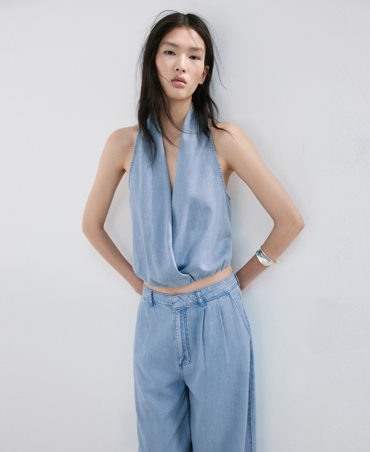 Click here for Mango Womens Wide Leg Lyocell Pants - Light Blue prices
