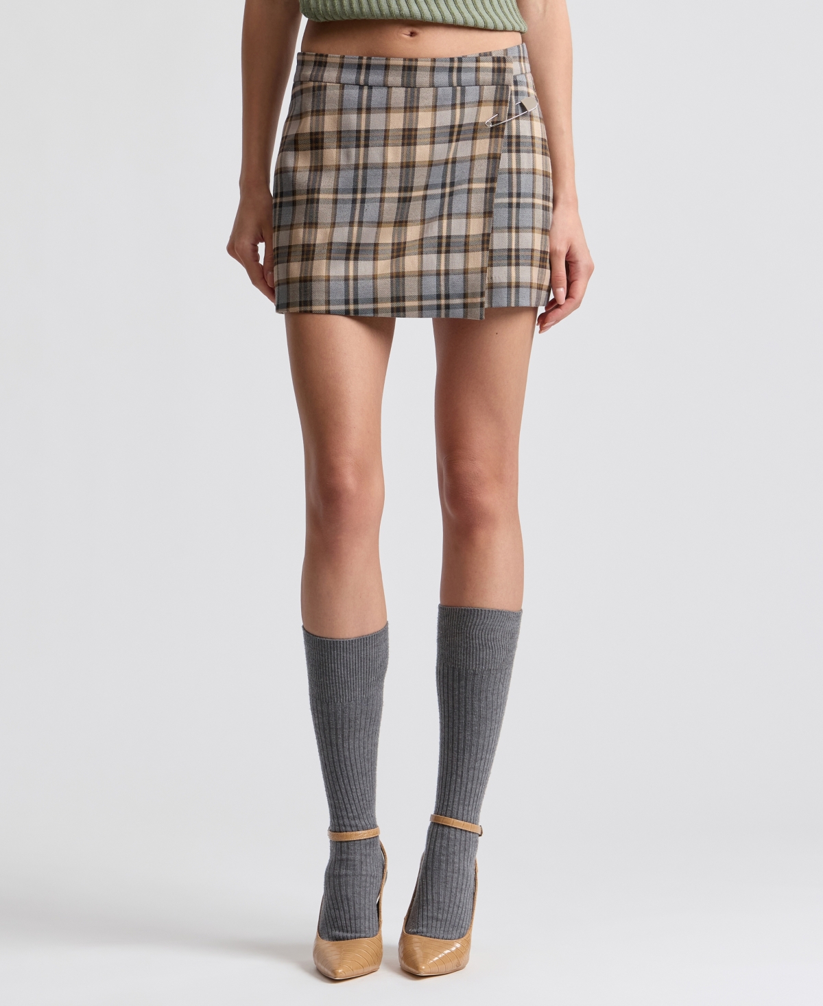 Click here for Avec Les Filles Womens Plaid Mini Skort - Light Br... prices