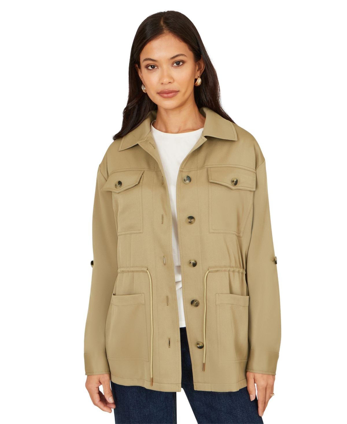 Click here for Yumi Womens Drawstring Waist Utility Jacket - Gree... prices