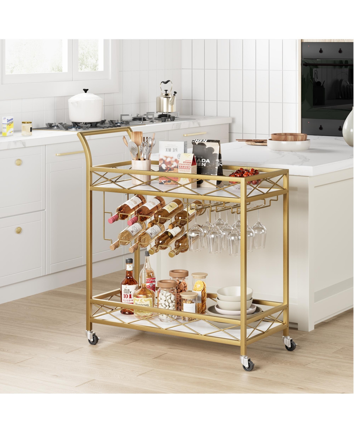 Click here for homfan Gold 2-Tier Bar Cart with Wheels  White Mar... prices