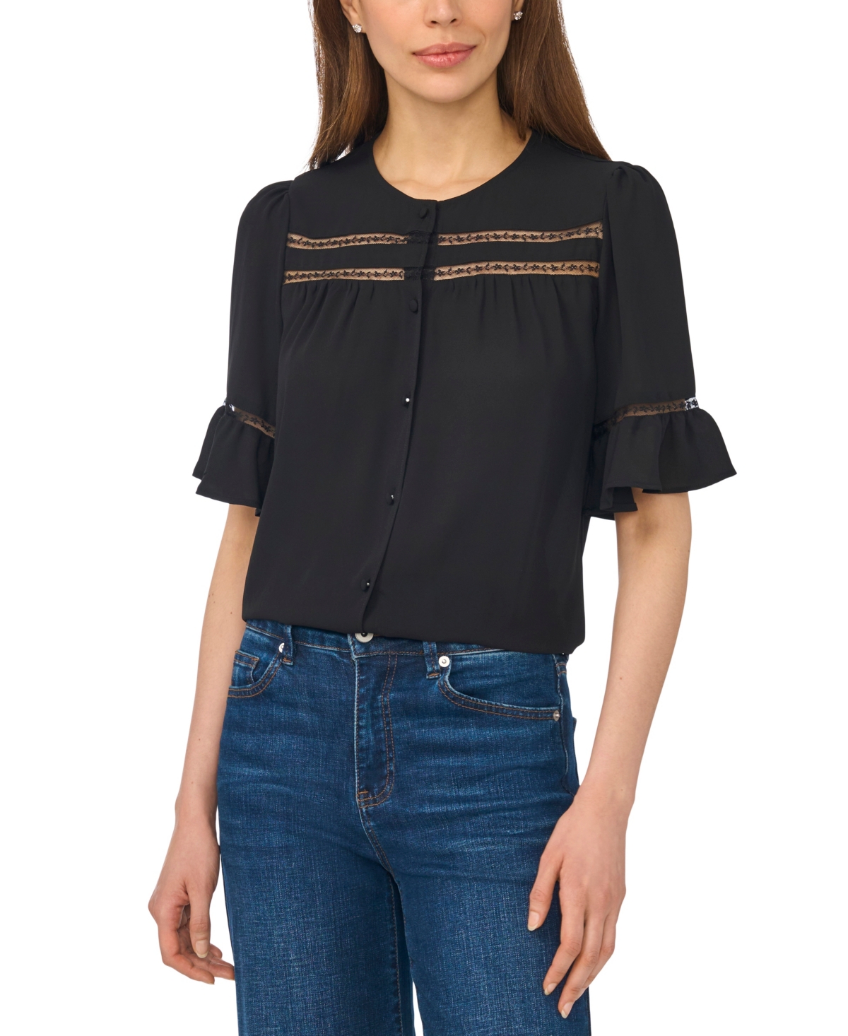 Click here for CeCe Womens Ruffle-Sleeve Horizontal Lace Insets T... prices
