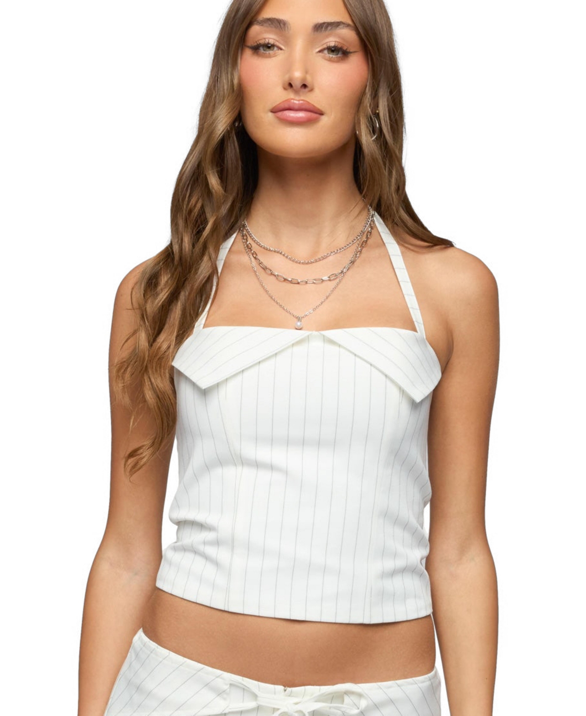 Click here for Edikted Womens Parker Pinstripe Halter Top - White prices
