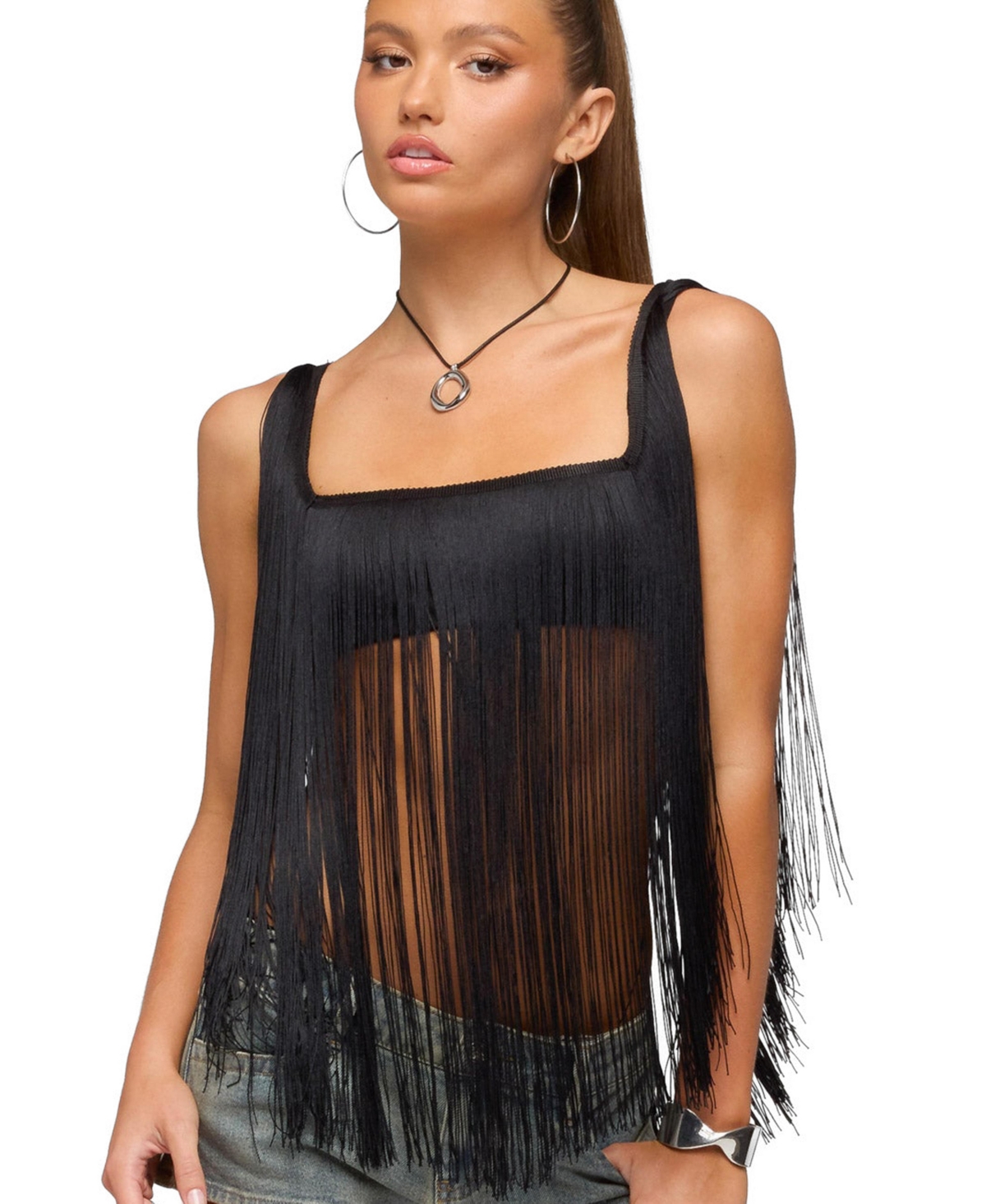 Click here for Edikted Womens Eranthe Fringed Crop Top - Black prices