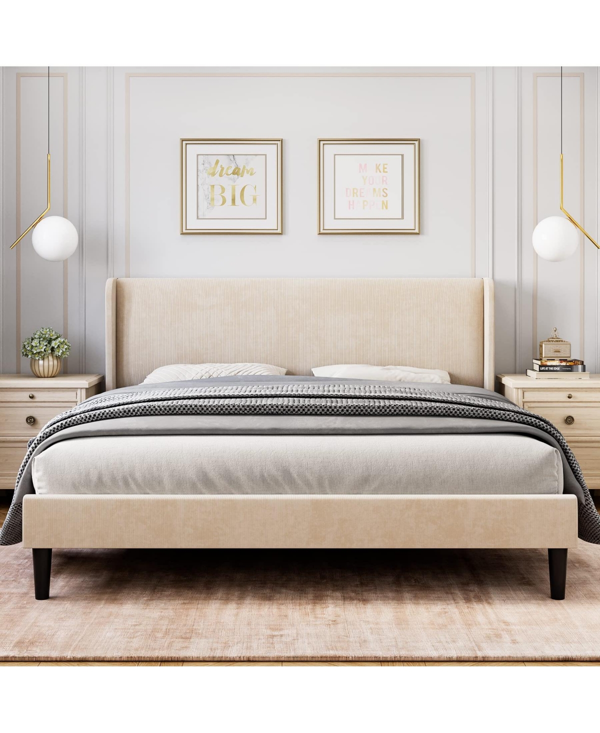 Click here for homfan Wingback Upholstered Bed Frame  Vertical St... prices