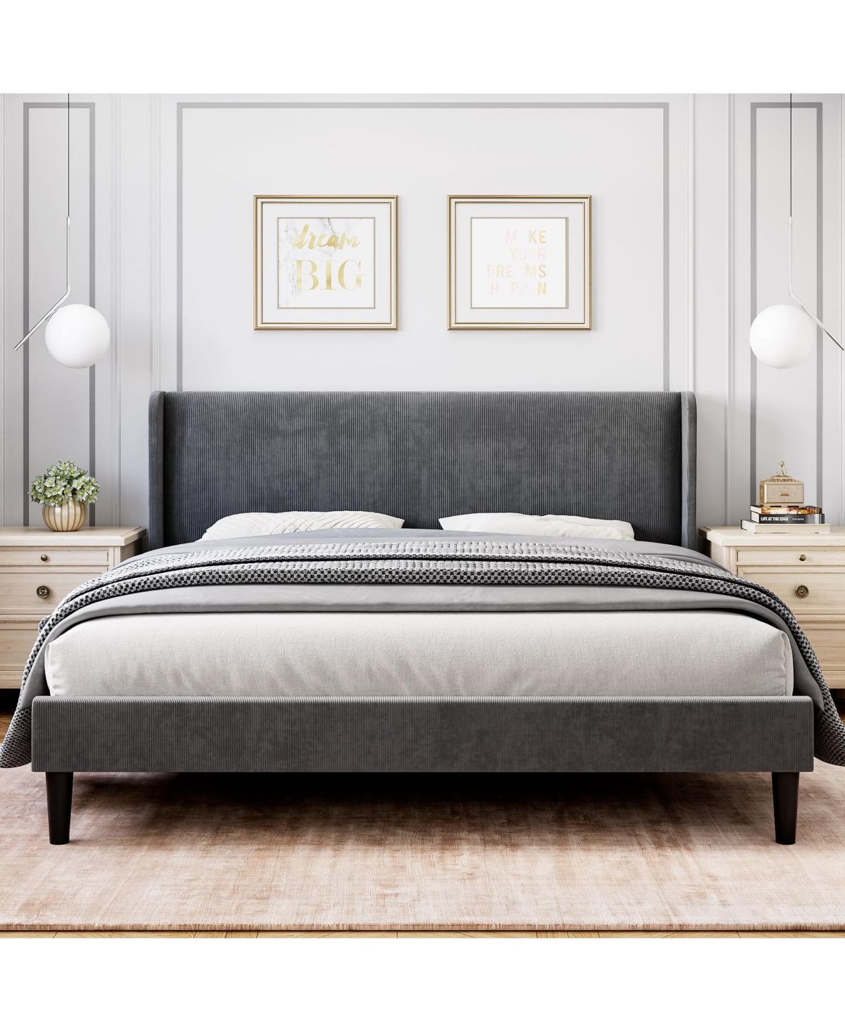 Click here for homfan Wingback Upholstered Bed Frame  Vertical St... prices