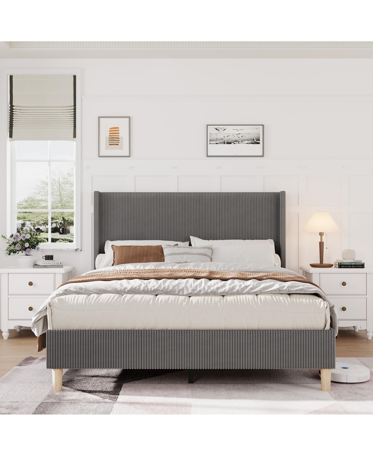 Click here for homfan Bed Frame with Tall Headboard  Corduroy Uph... prices