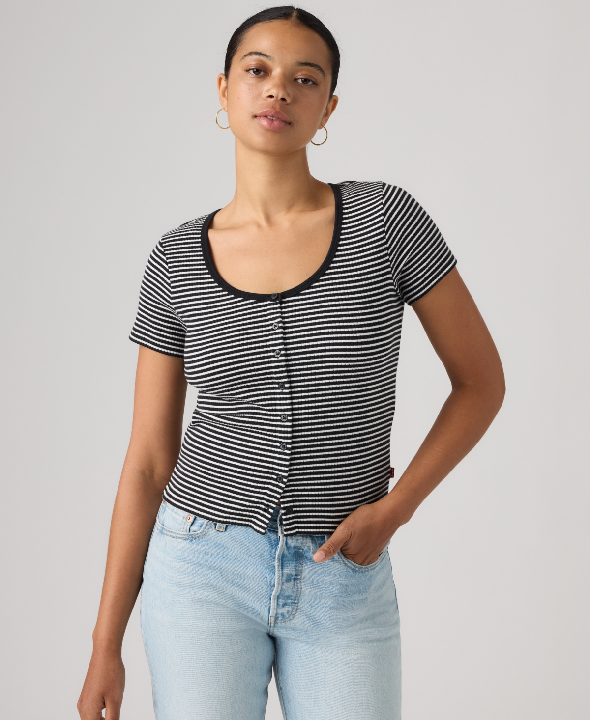 Levis Womens Austen Button-Up Short-Sleeve Top - Annalise Stripe Anthracite Night Egret