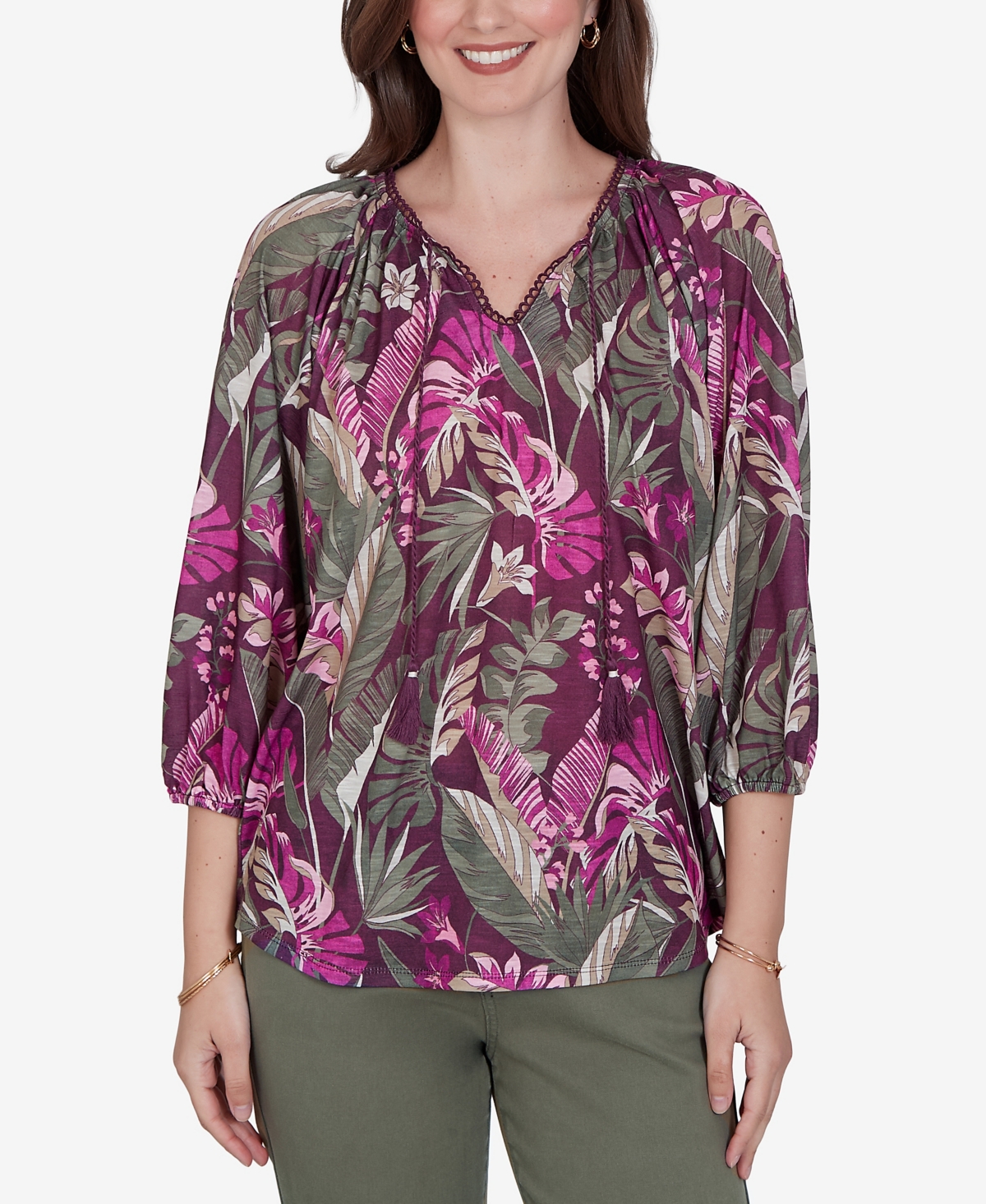Click here for Ruby Rd. Petite Tropical Print Knit Tassel Top - G... prices