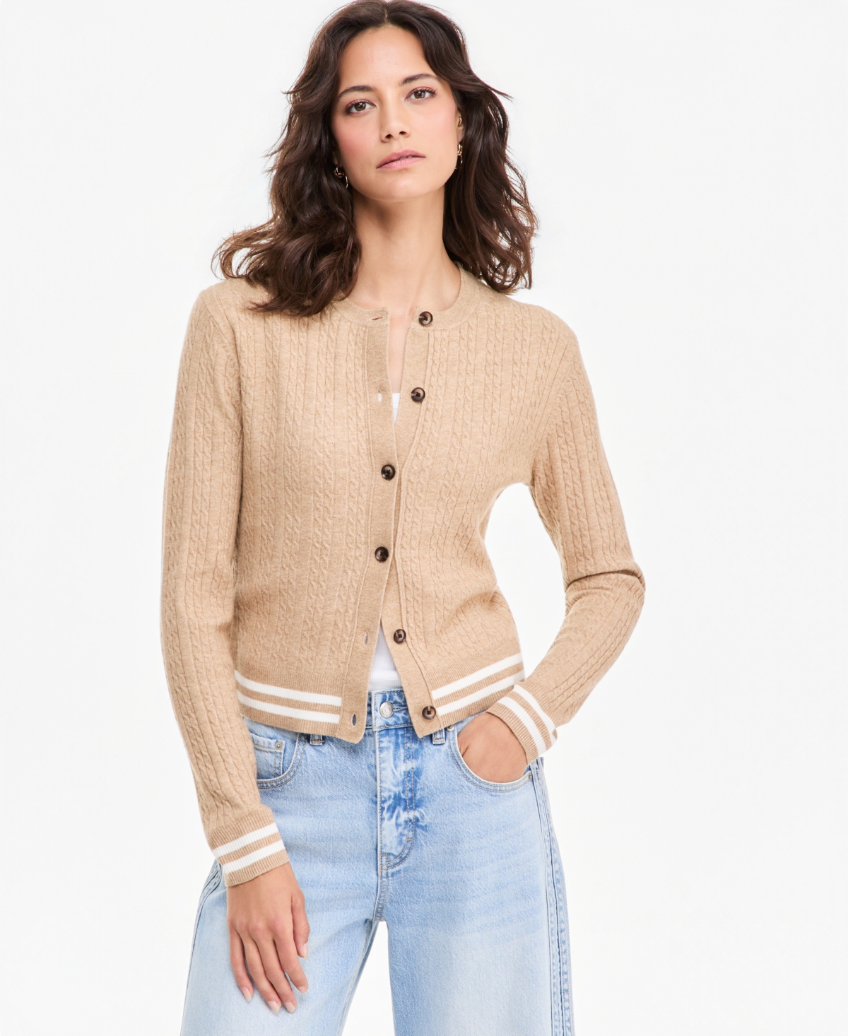 Click here for On 34th Womens Tipped Cable Crewneck Cardigan  Mac... prices