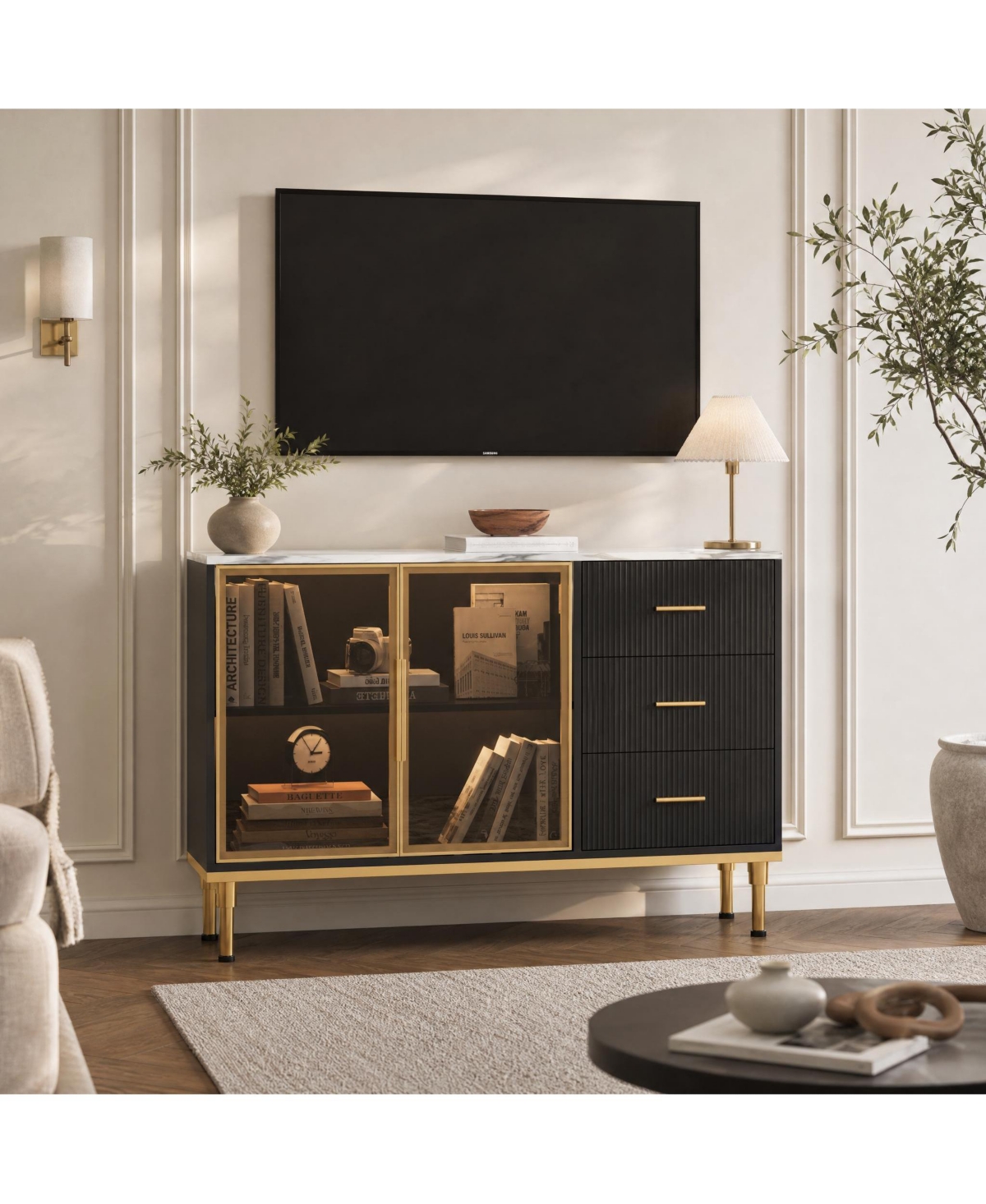 Click here for homfan Glass Door Side Cabinet with Wave Drawers a... prices