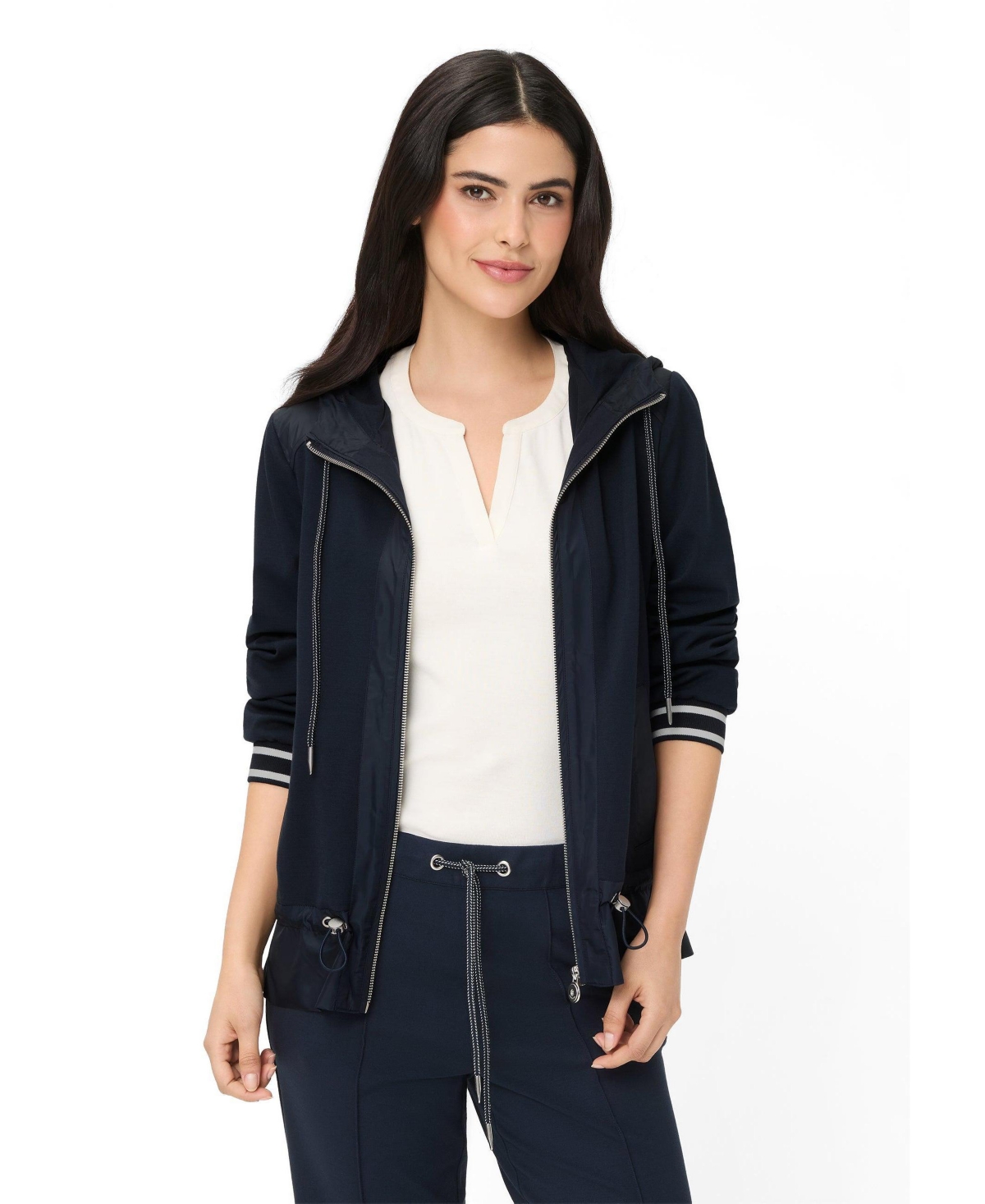 Click here for Olsen Womens Mixed Media Hooded Jacket - Dark navy prices