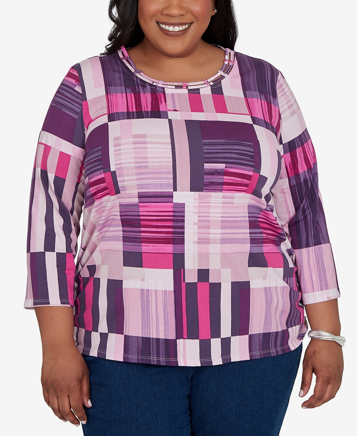 Click here for Alfred Dunner Plus Size Purple Bars Ruched Sides T... prices