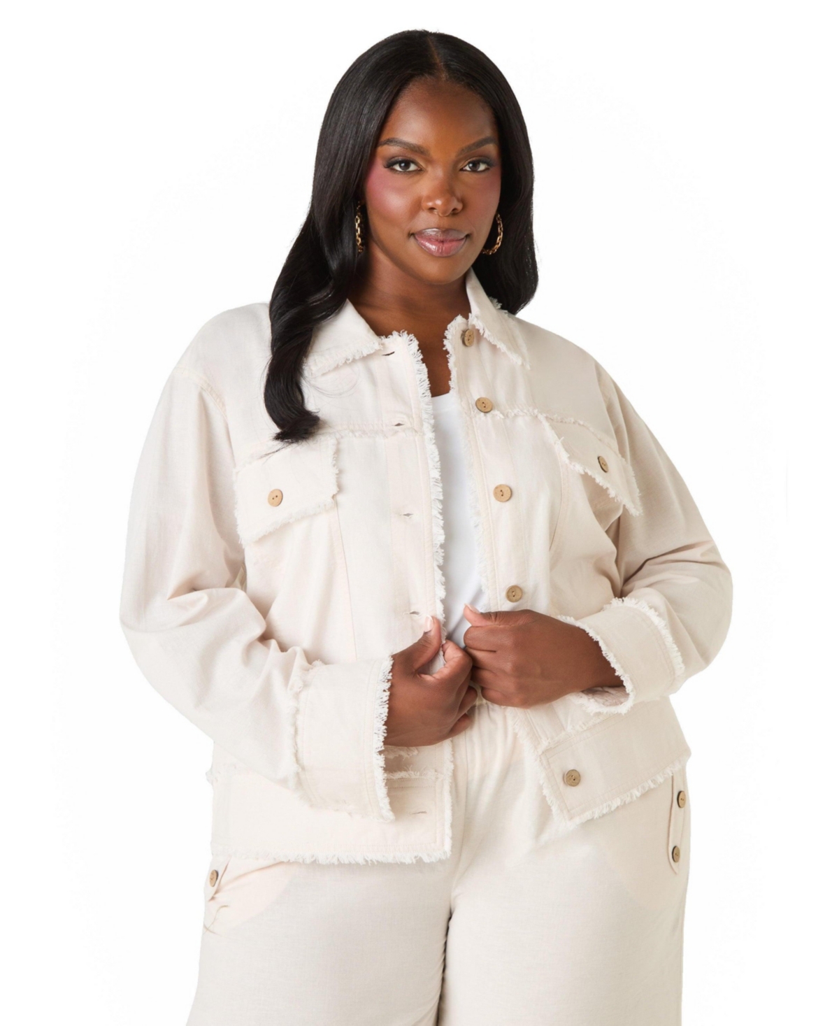 Click here for Ashley Stewart Womens Frayed Linen Blend Trucker J... prices