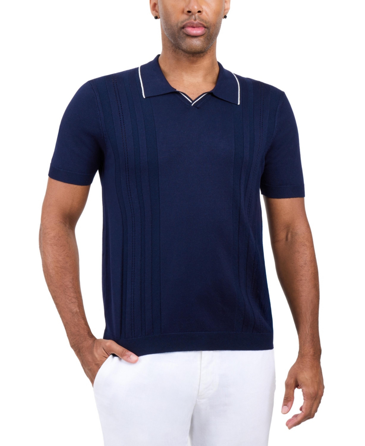 Click here for Xray Mens Johnny Collar Textured Stripe Sweater Po... prices