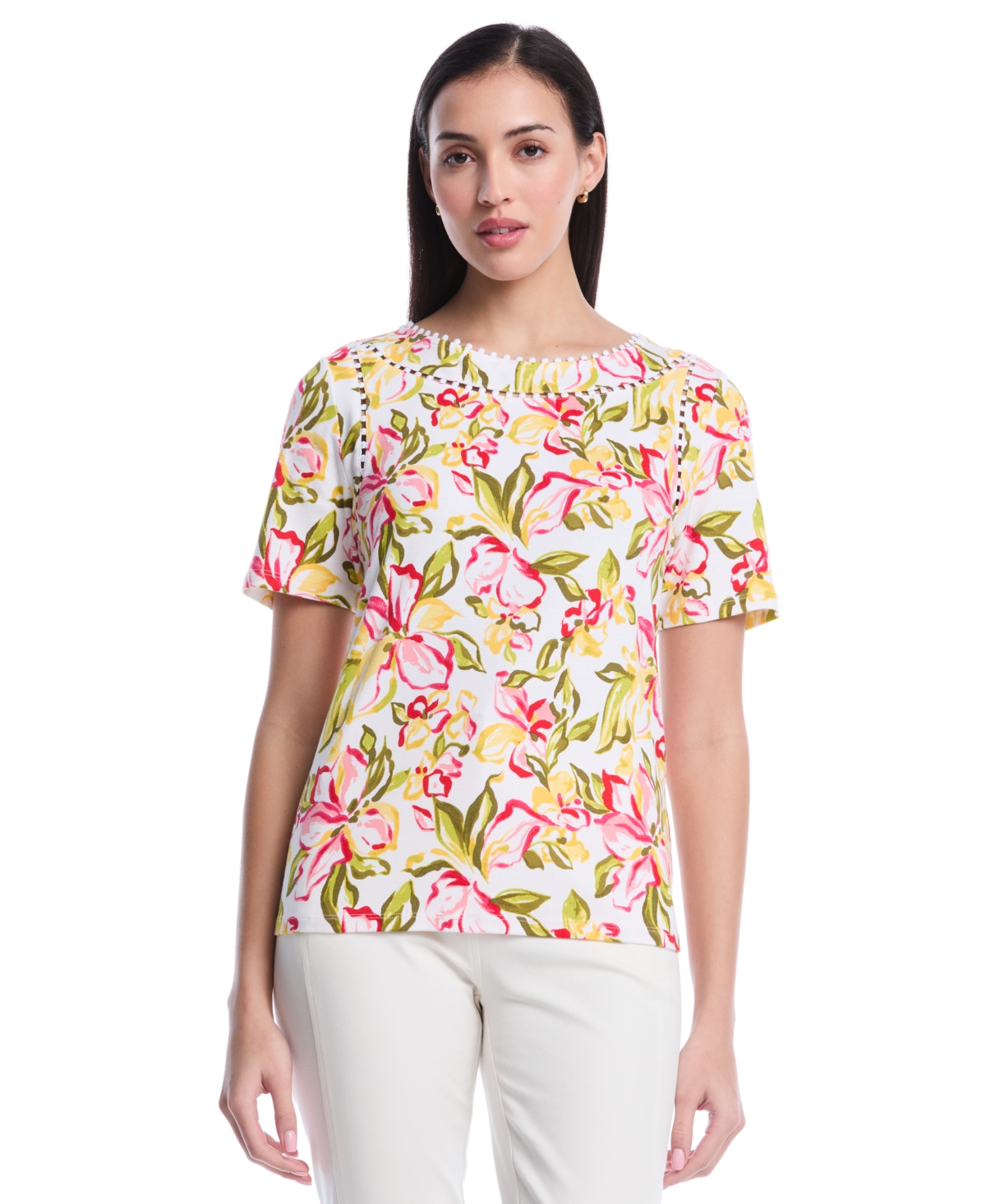 Click here for Rafaella Petite Petal Print Short-Sleeve Top - Whi... prices