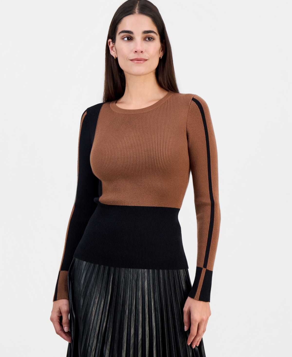 Click here for T Tahari Womens Color-Blocked Ribbed Crewneck Swea... prices